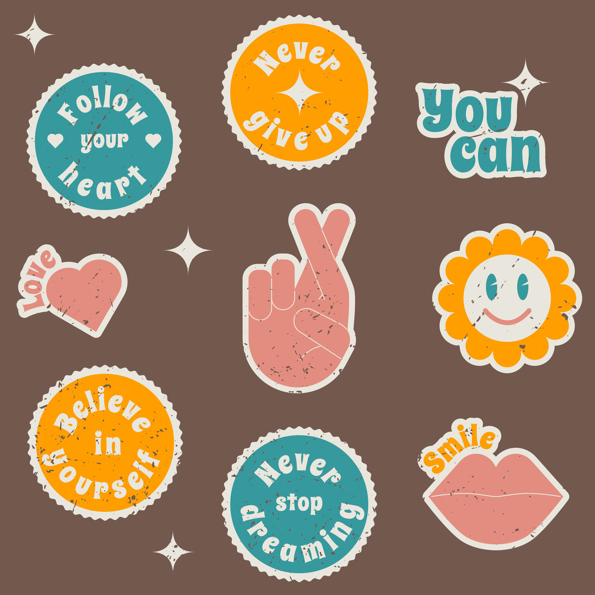 A Set Of Round Stickers With Motivational Quotes In Retro Style. Vector