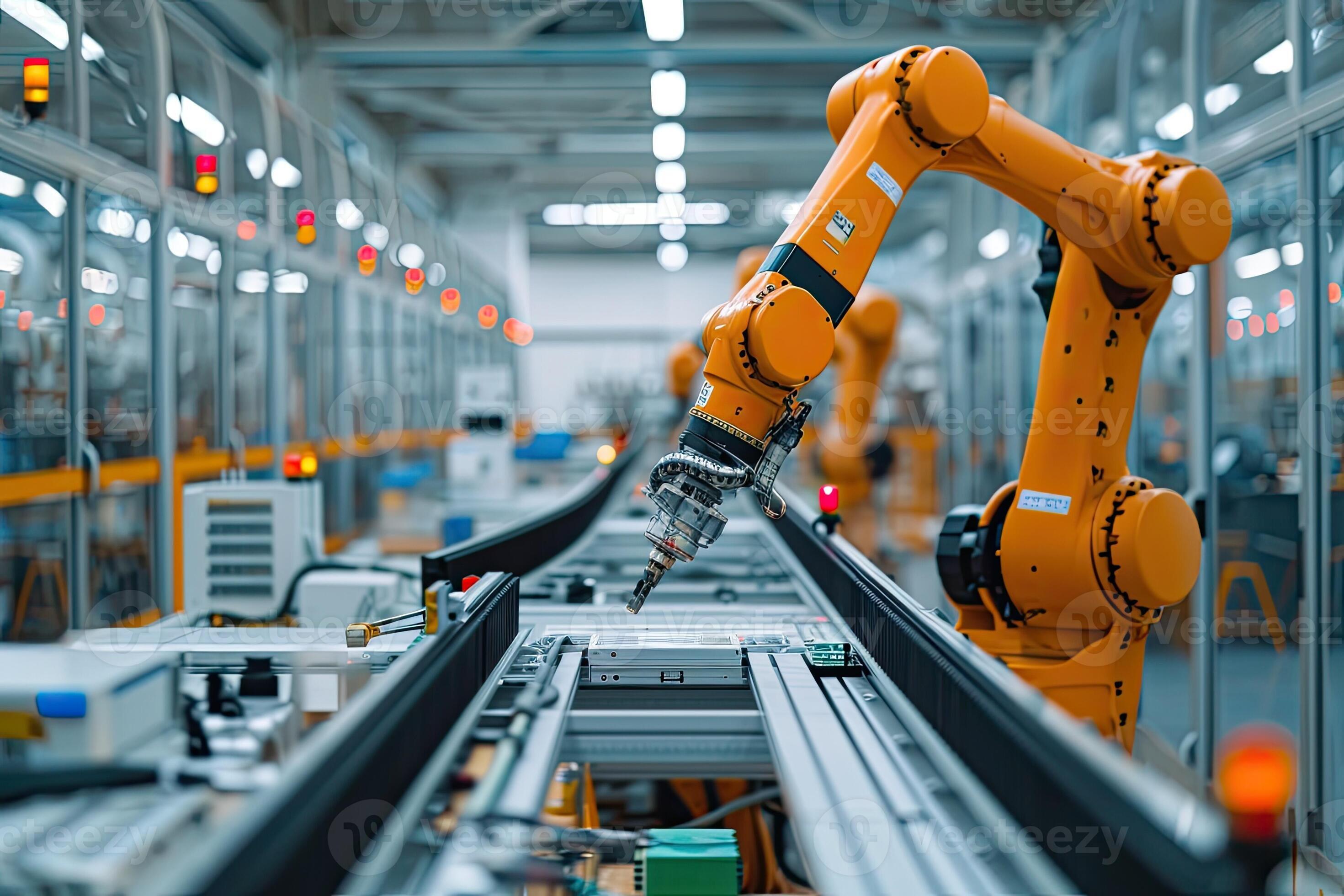 AI generated Robotic arm for electronic assembly line. Smart modern factory automation using ...