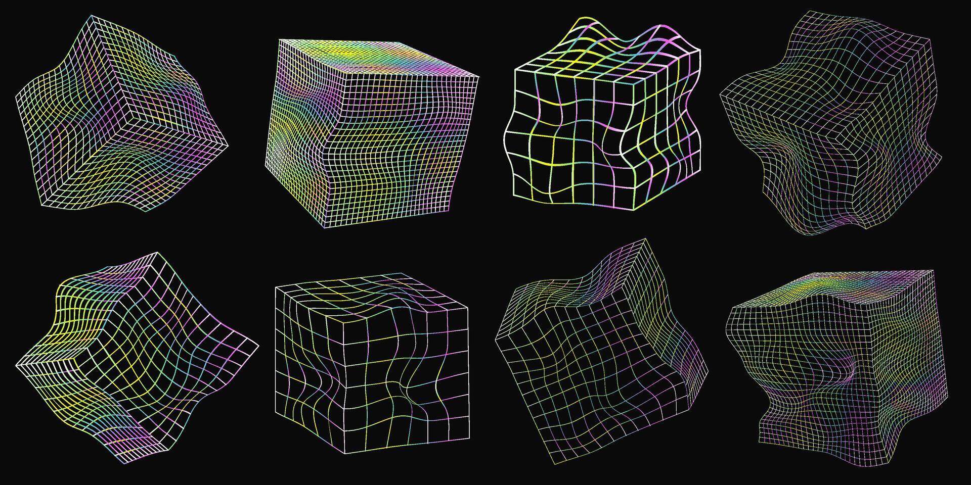 Collection Of Distorted Wireframe Cubes From Different Sides Vector Abstract Geometric 3d
