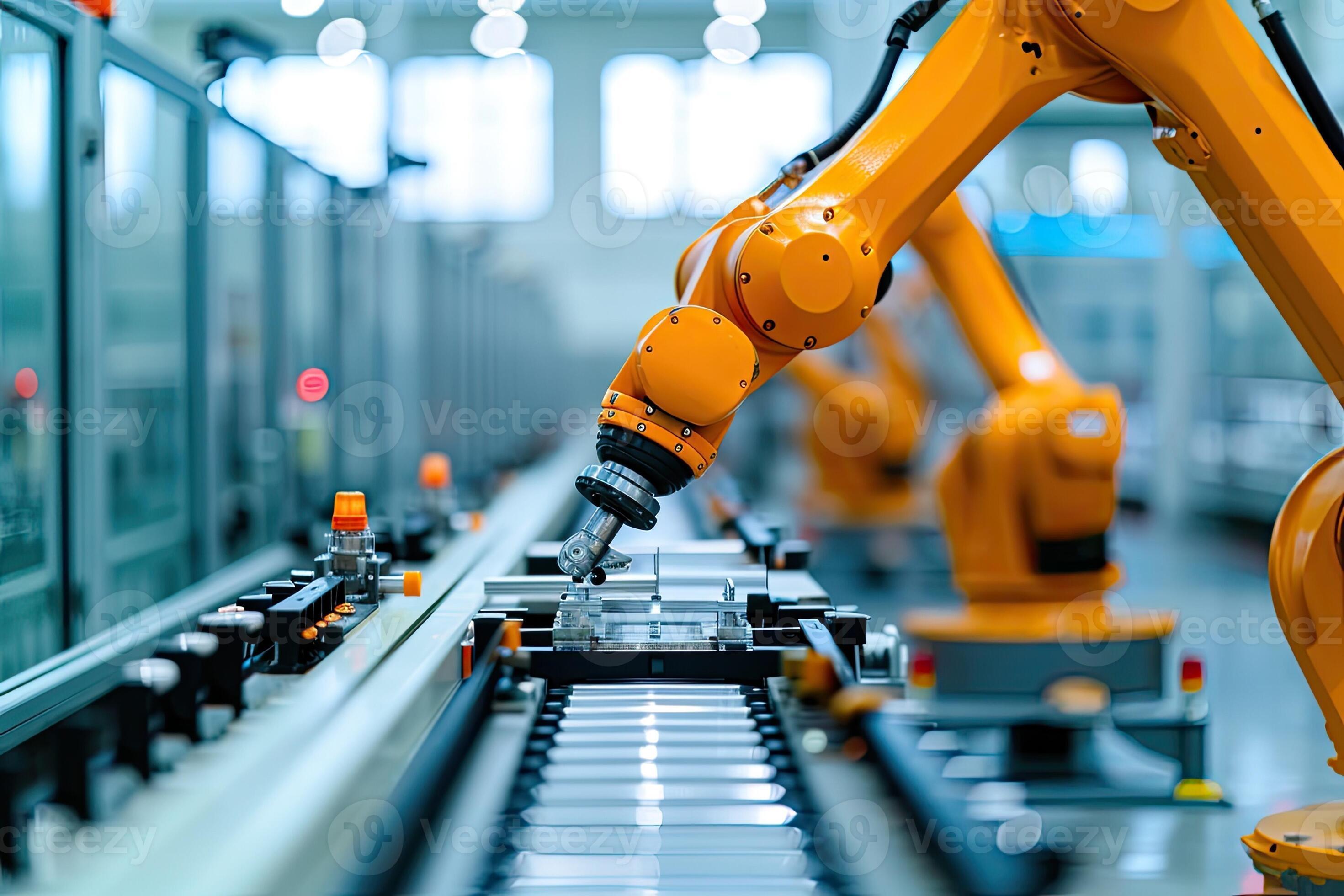 AI generated Robotic arm for electronic assembly line. Smart modern factory automation using ...