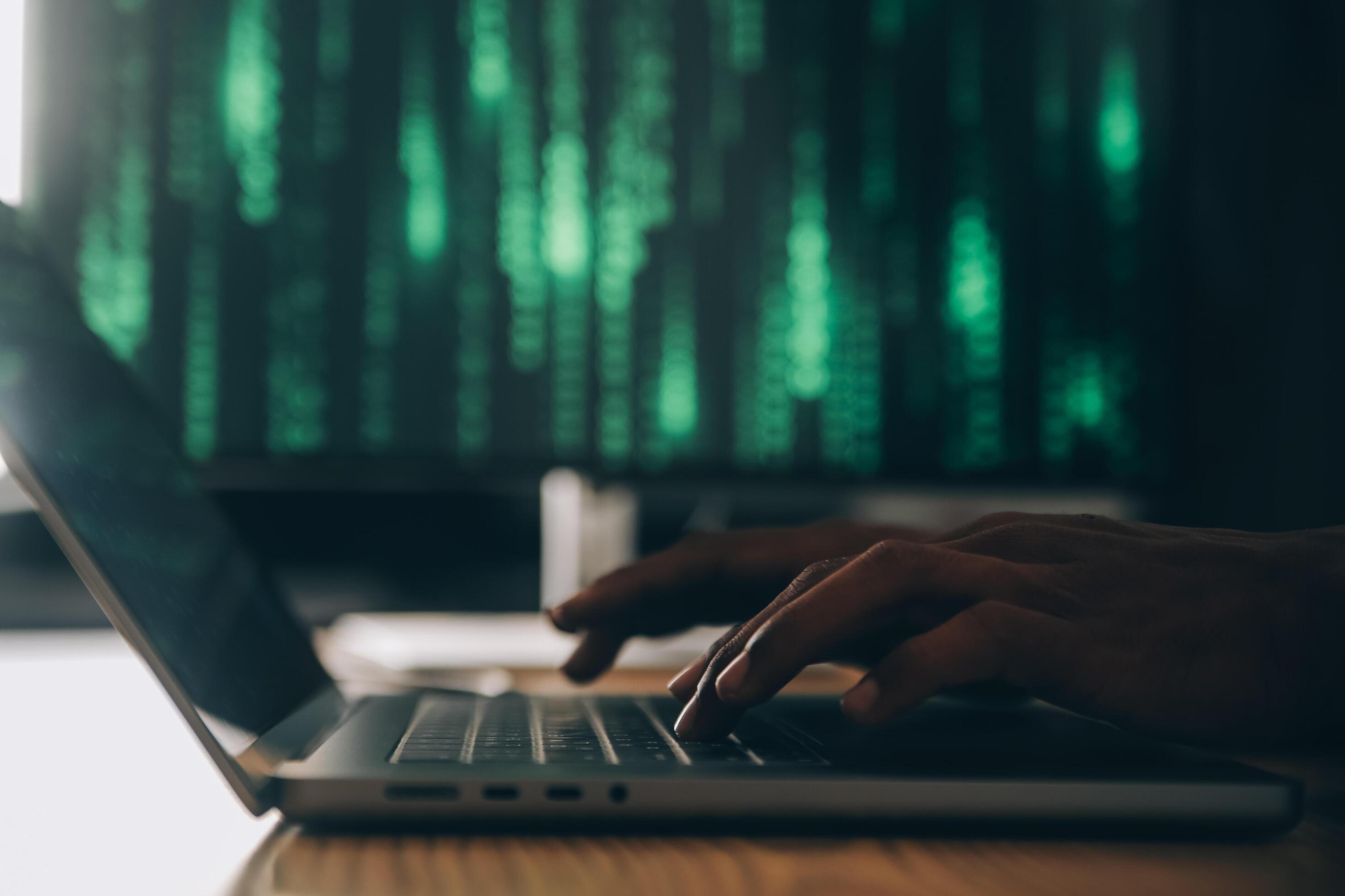 Hacker code in laptop. Cyber security, privacy or hack threat. Coder or programmer writing virus ...