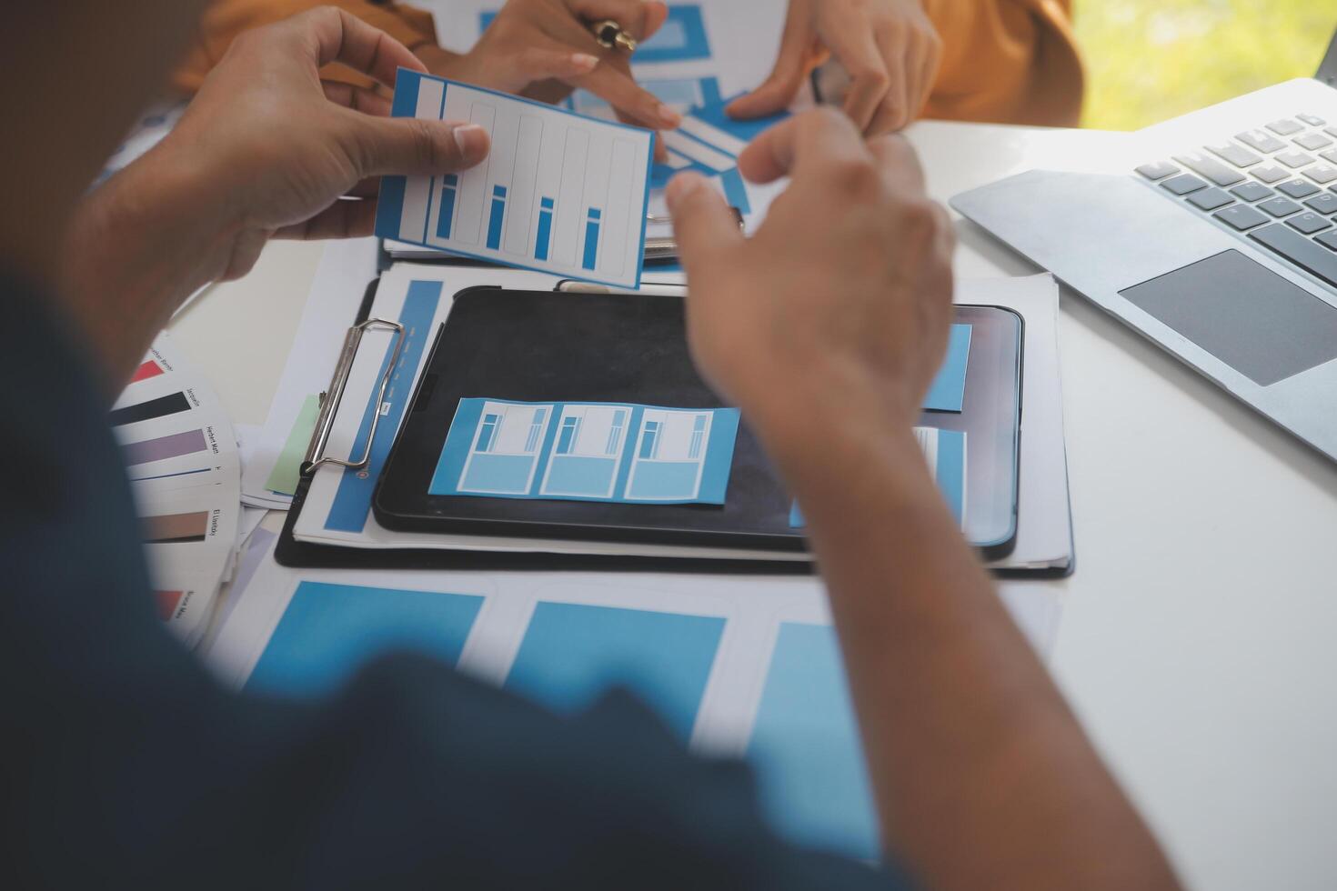 Close Up Ux Developer And Ui Designer Use Augmented Reality Brainstorming About Mobile App