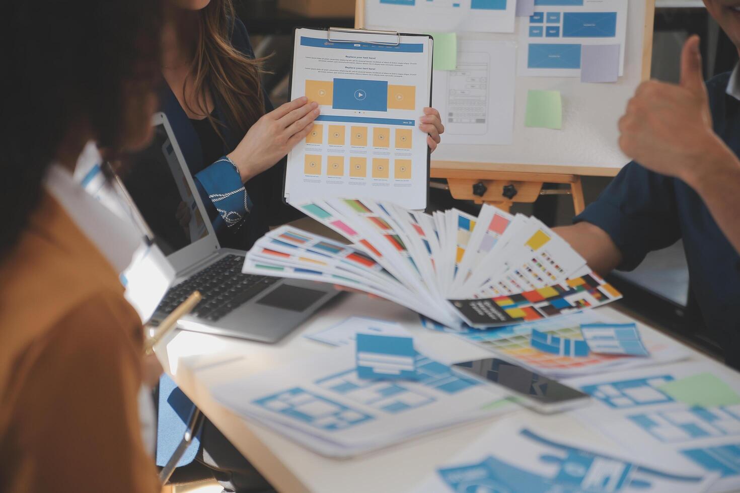 Close Up Ux Developer And Ui Designer Use Augmented Reality Brainstorming About Mobile App