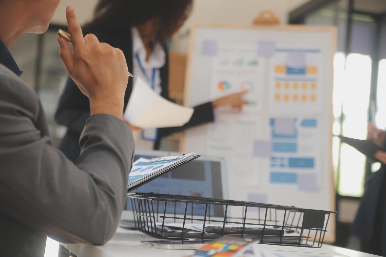 Close Up Ux Developer And Ui Designer Use Augmented Reality Brainstorming About Mobile App