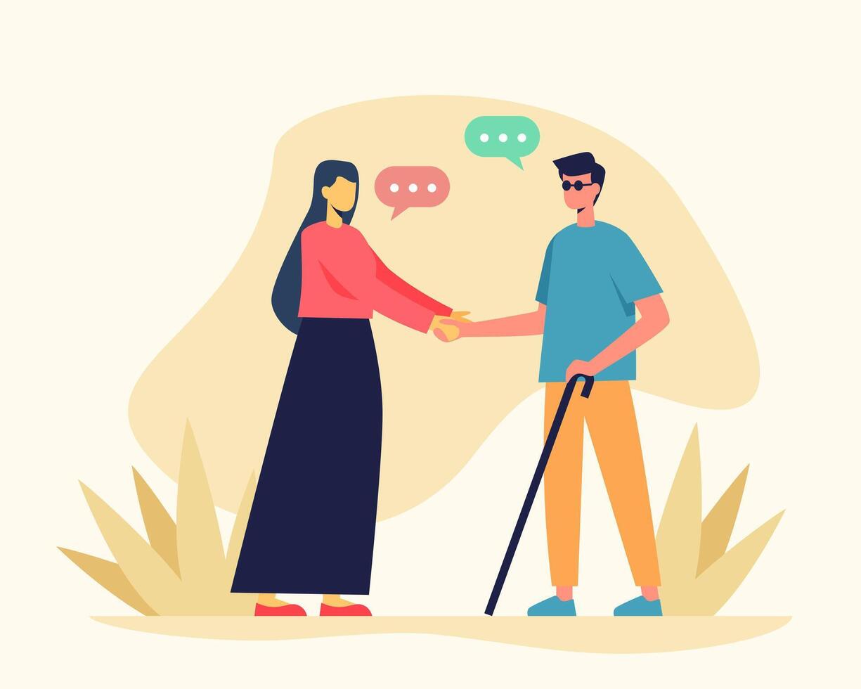 Blind Man Shaking Hands To Female And Talking Outside 37894601 Vector Art At Vecteezy