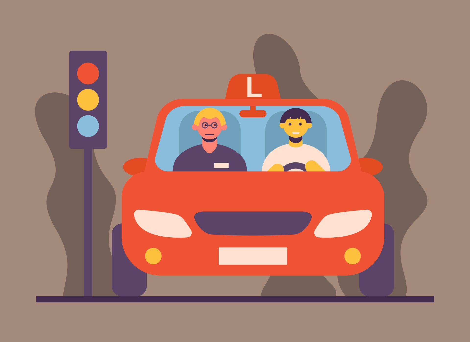 Young man passing driving test concept. Practice at driving school ...