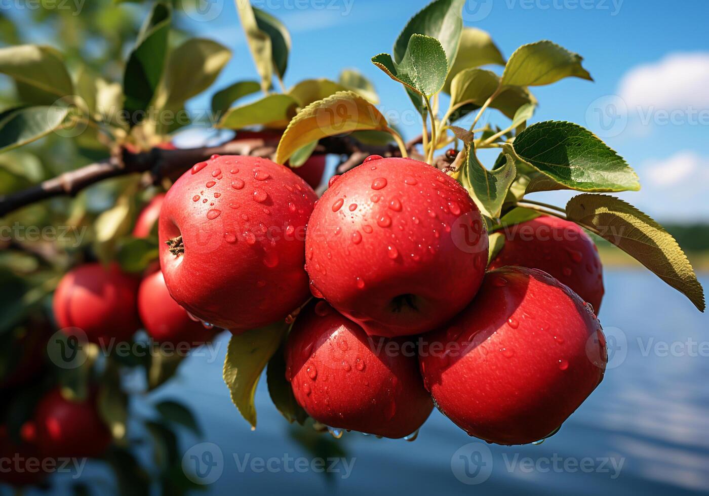 AI generated Ripe and juicy red apples hanging on tree with blue sky. Healthy food. 37898980 ...