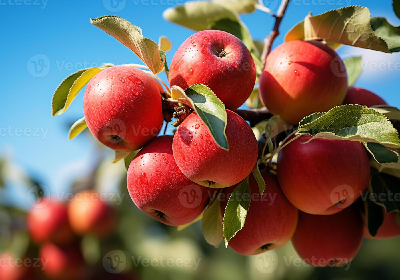 AI generated Ripe and juicy red apples hanging on tree with blue sky. Healthy food. 37899004 ...