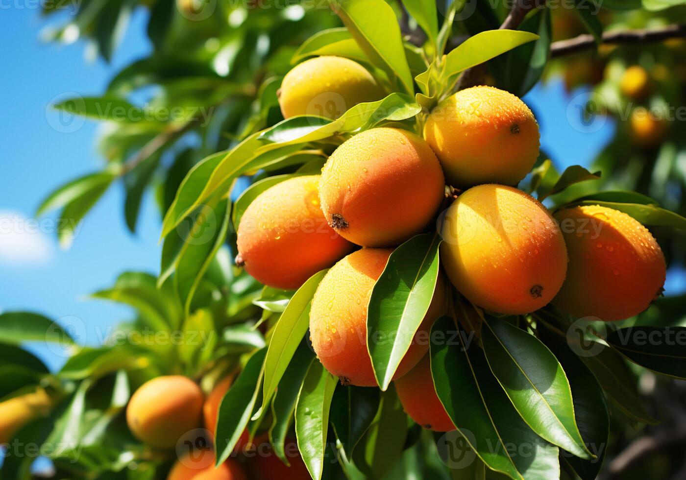 AI generated Ripe and juicy mangoes hanging on tree with blue sky. Healthy food. 37899005 Stock ...