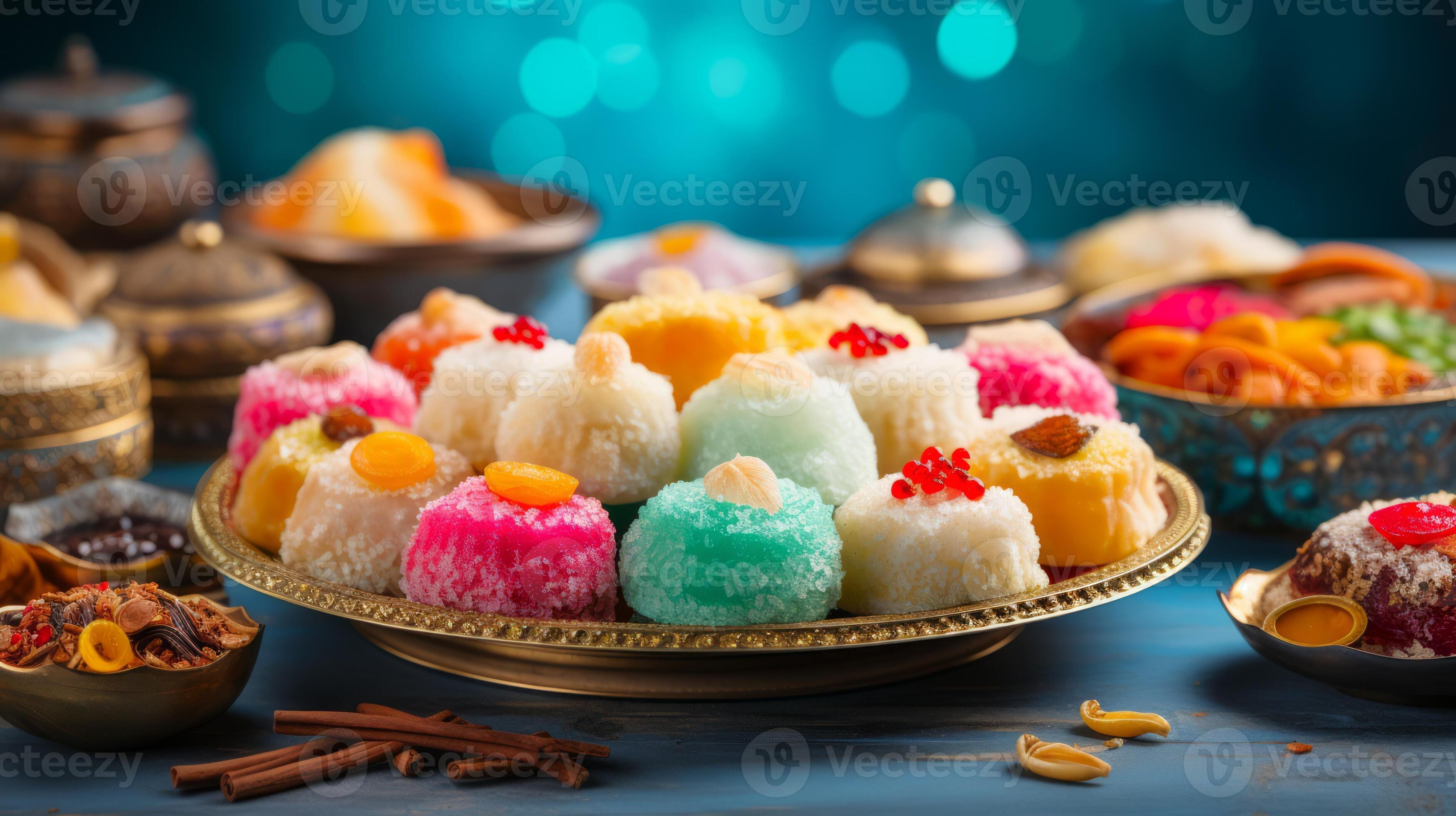 AI generated Assortment of traditional Indian sweets on plate with bokeh background. Concept of ...