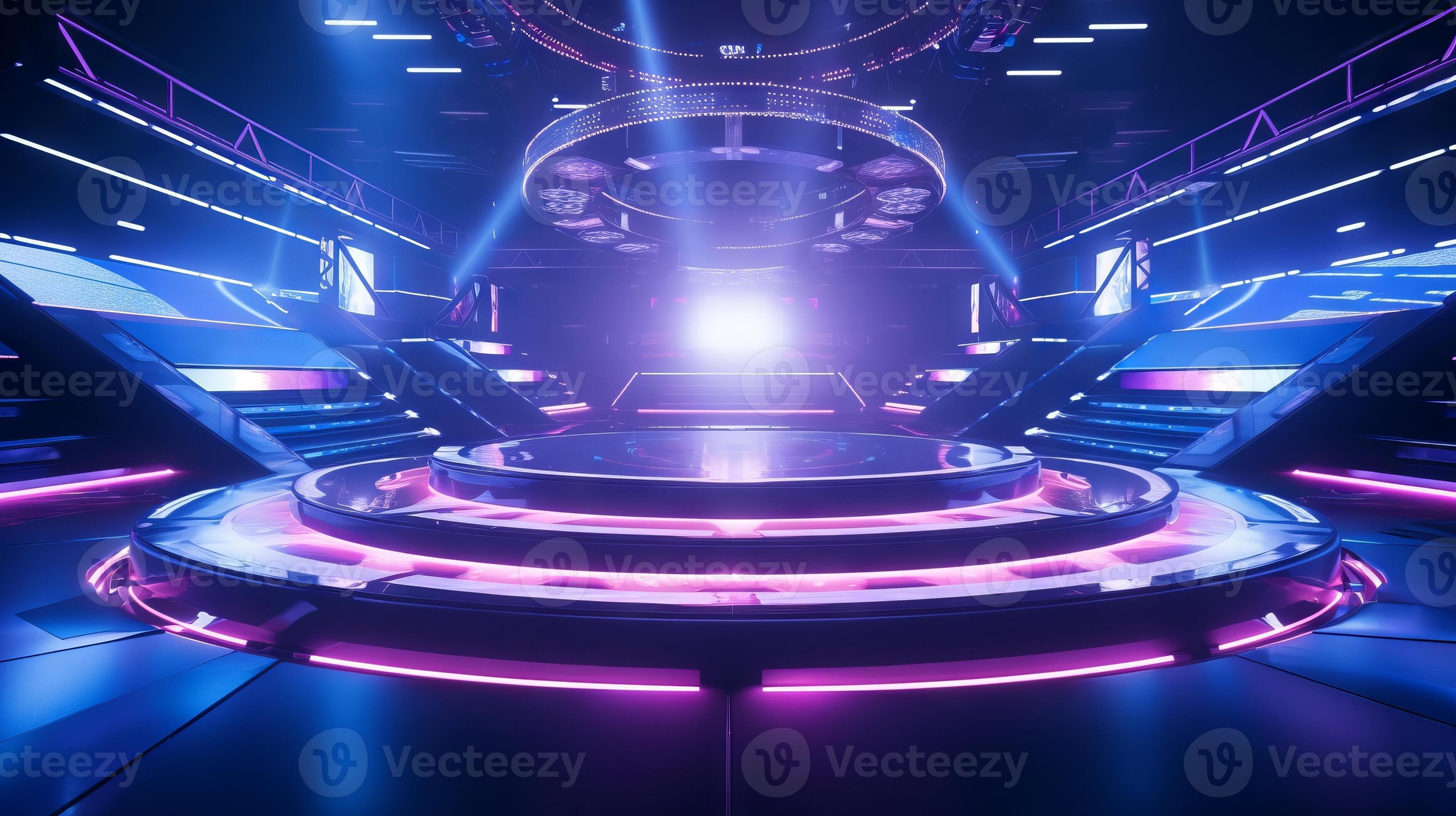 AI generated Modern futuristic concert stage with dynamic neon blue purple illumination. Modern ...
