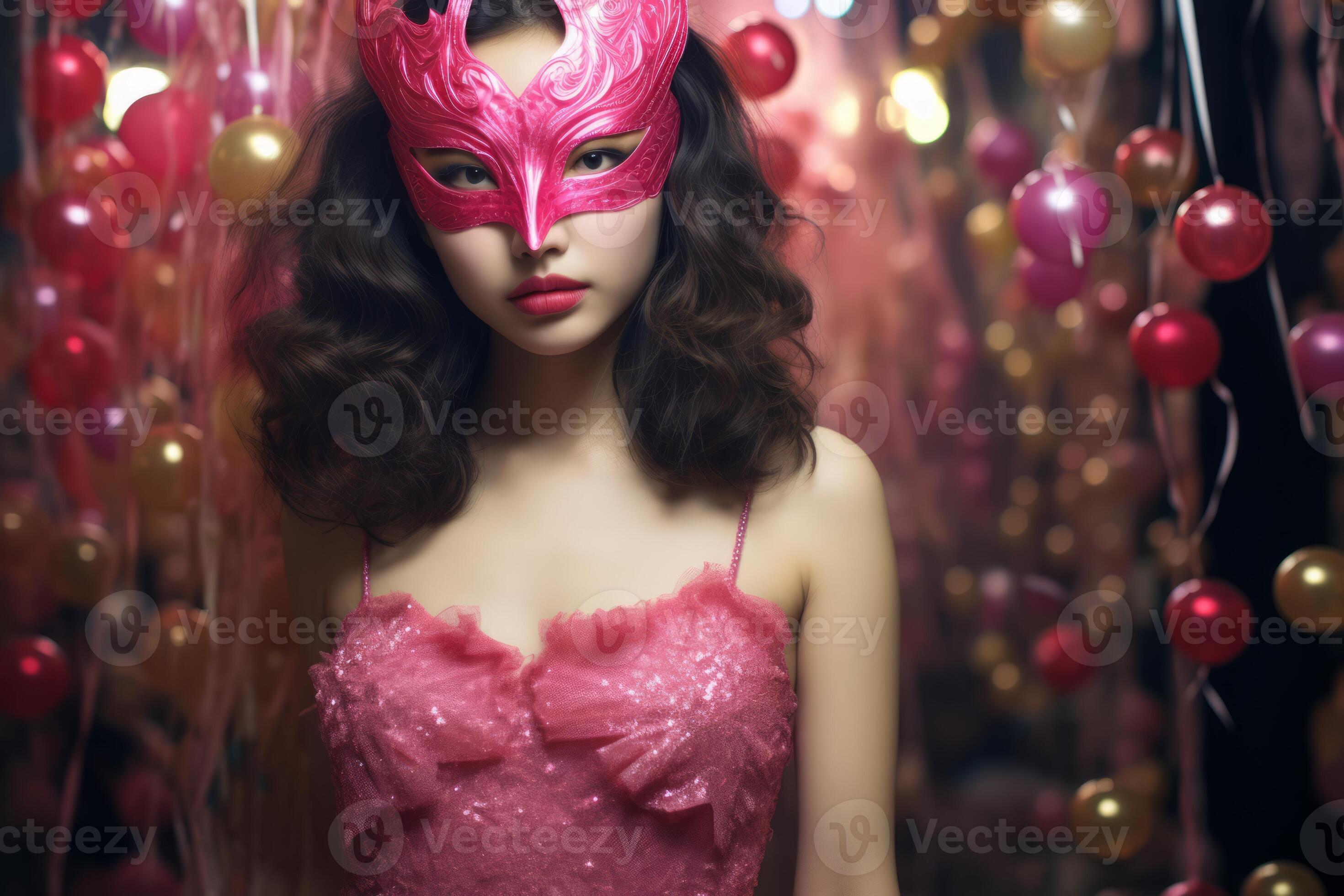 Ai Generated A Young Asian Woman In A Sparkling Pink Dress And A Masquerade Mask Set Against A