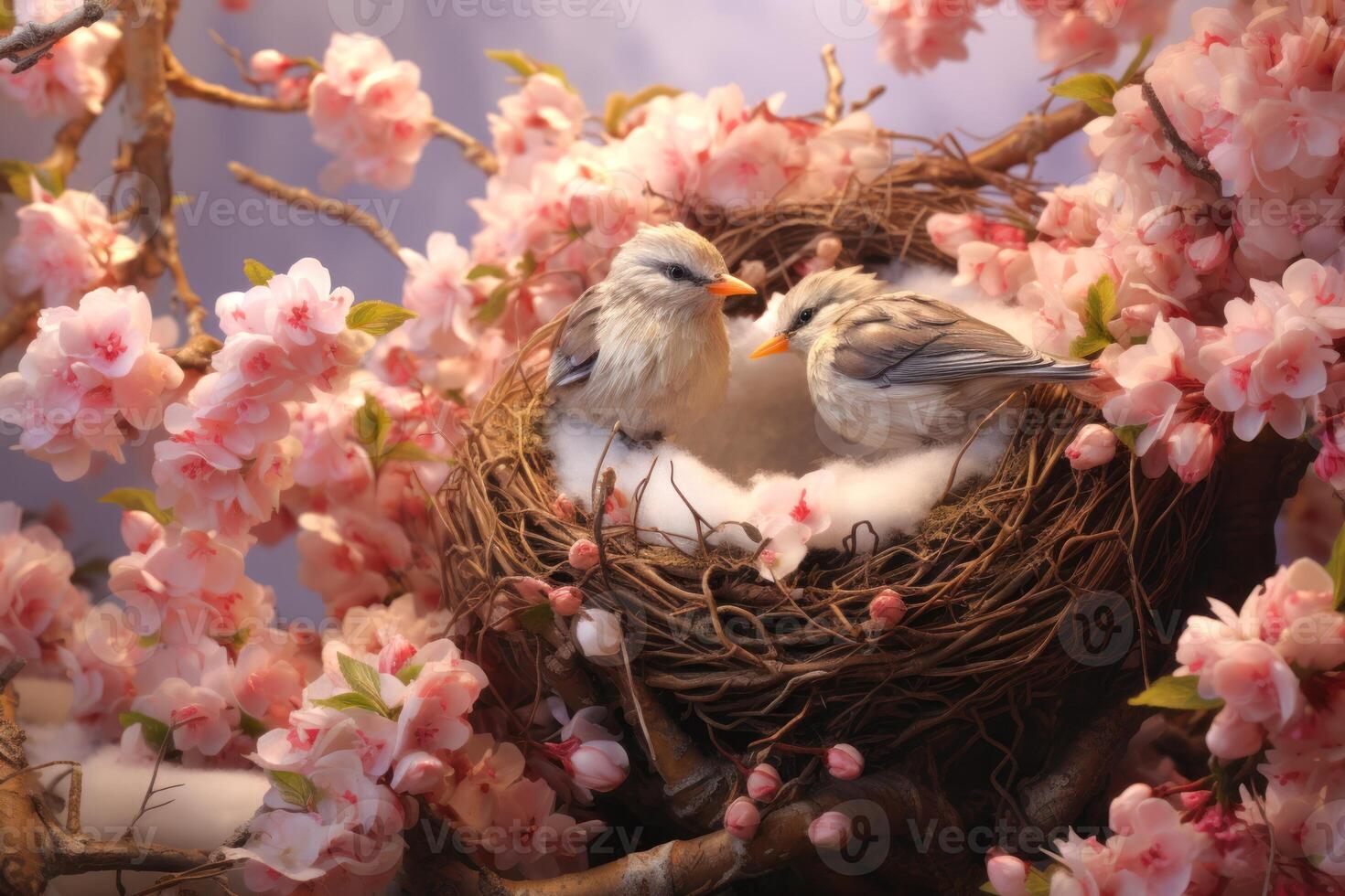 AI generated A close-up of little birds in a nest, surrounded by pink ...