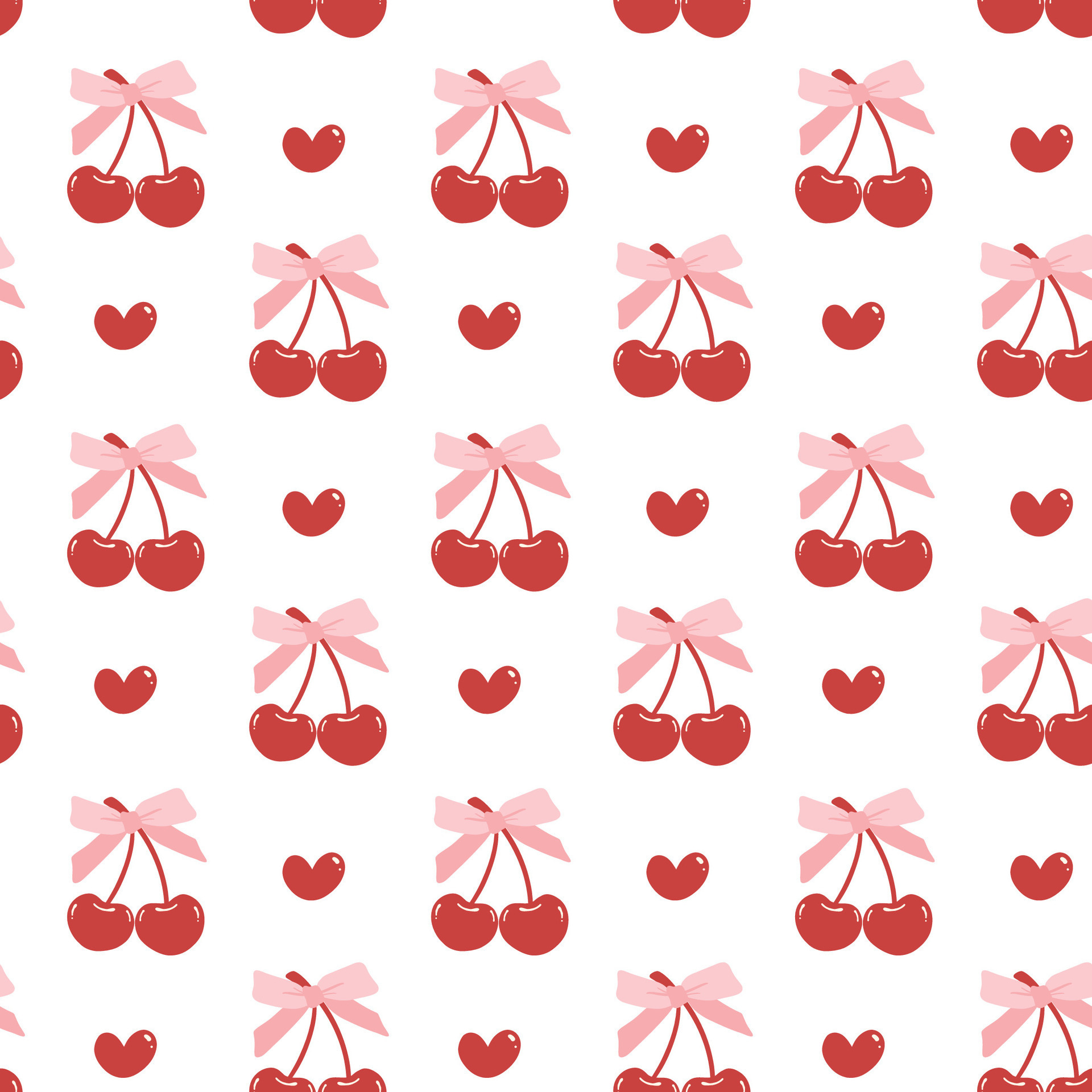 Cute Coquette Aesthetic Pattern Seamless Red Cherries With Pink Ribbon Bow Isolated On White