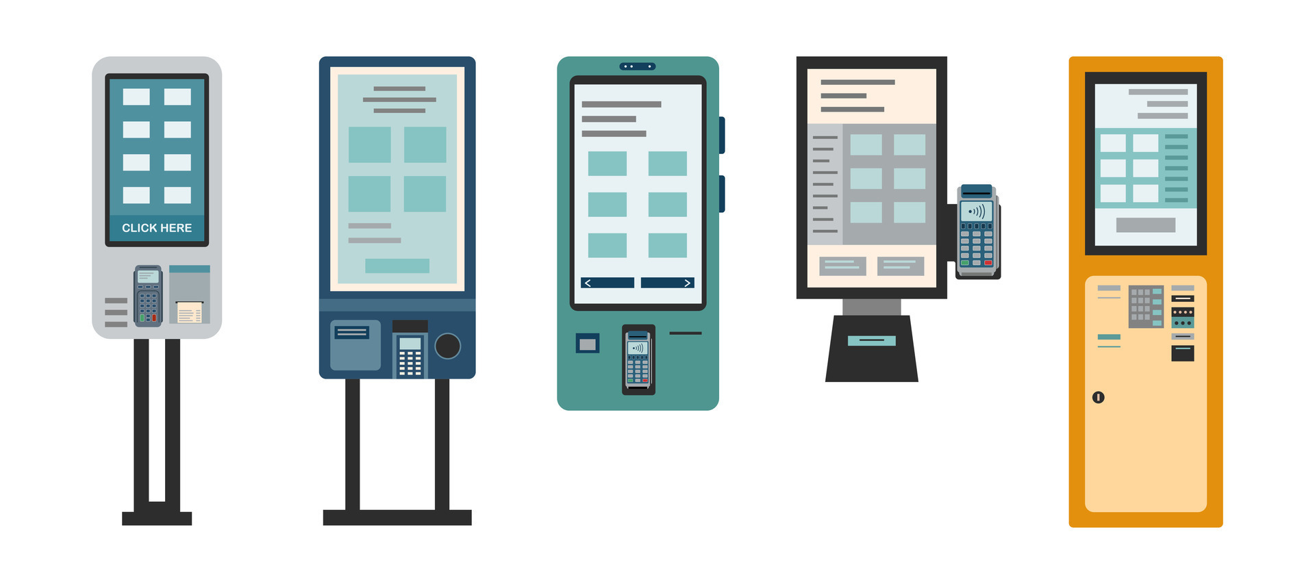 Set of kiosks for self-odering and self payment. Interactive kiosks in flat style isolated on ...