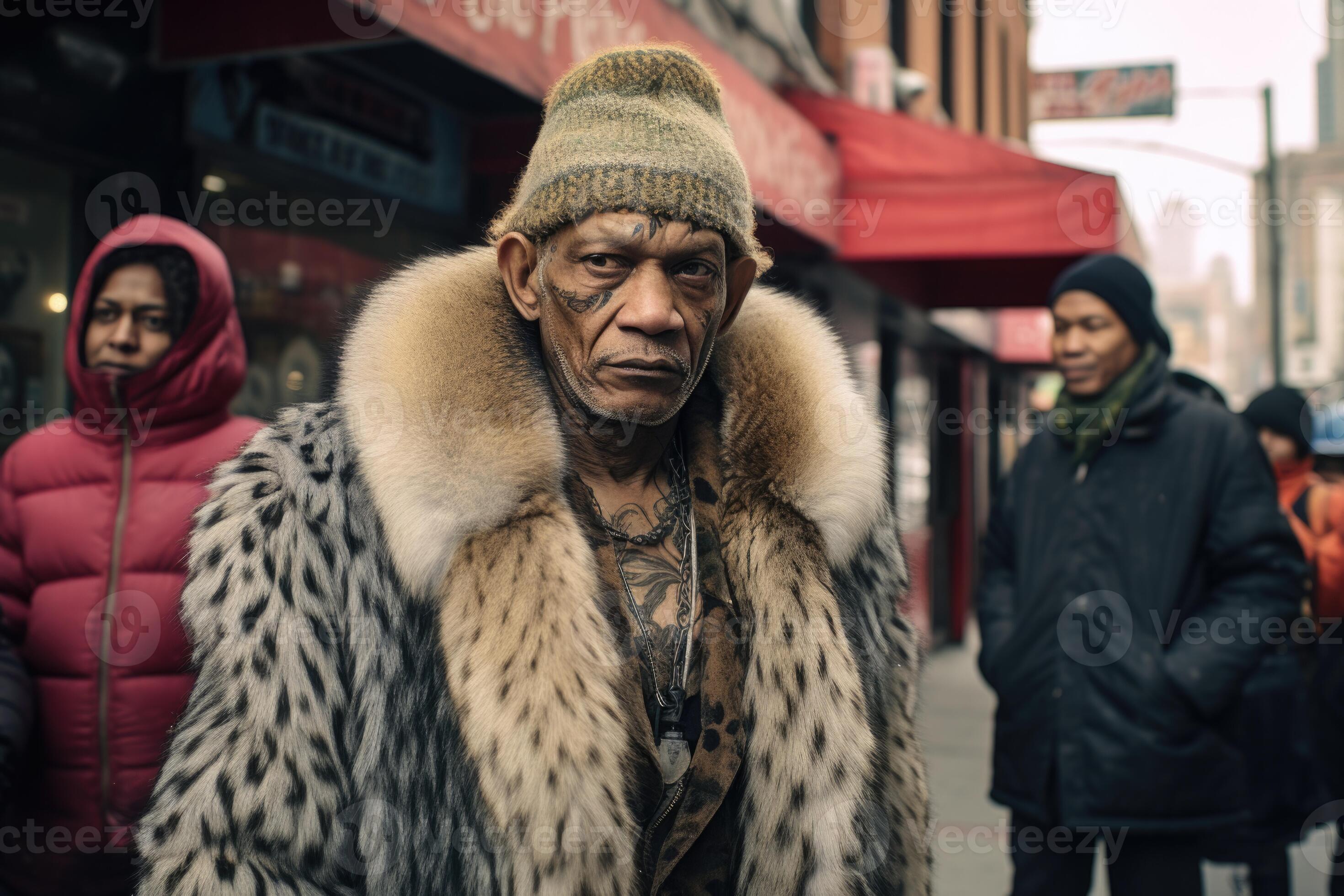 AI generated An African-American Gangster in a fur coat stands on a city street. Harlem 37962153 ...