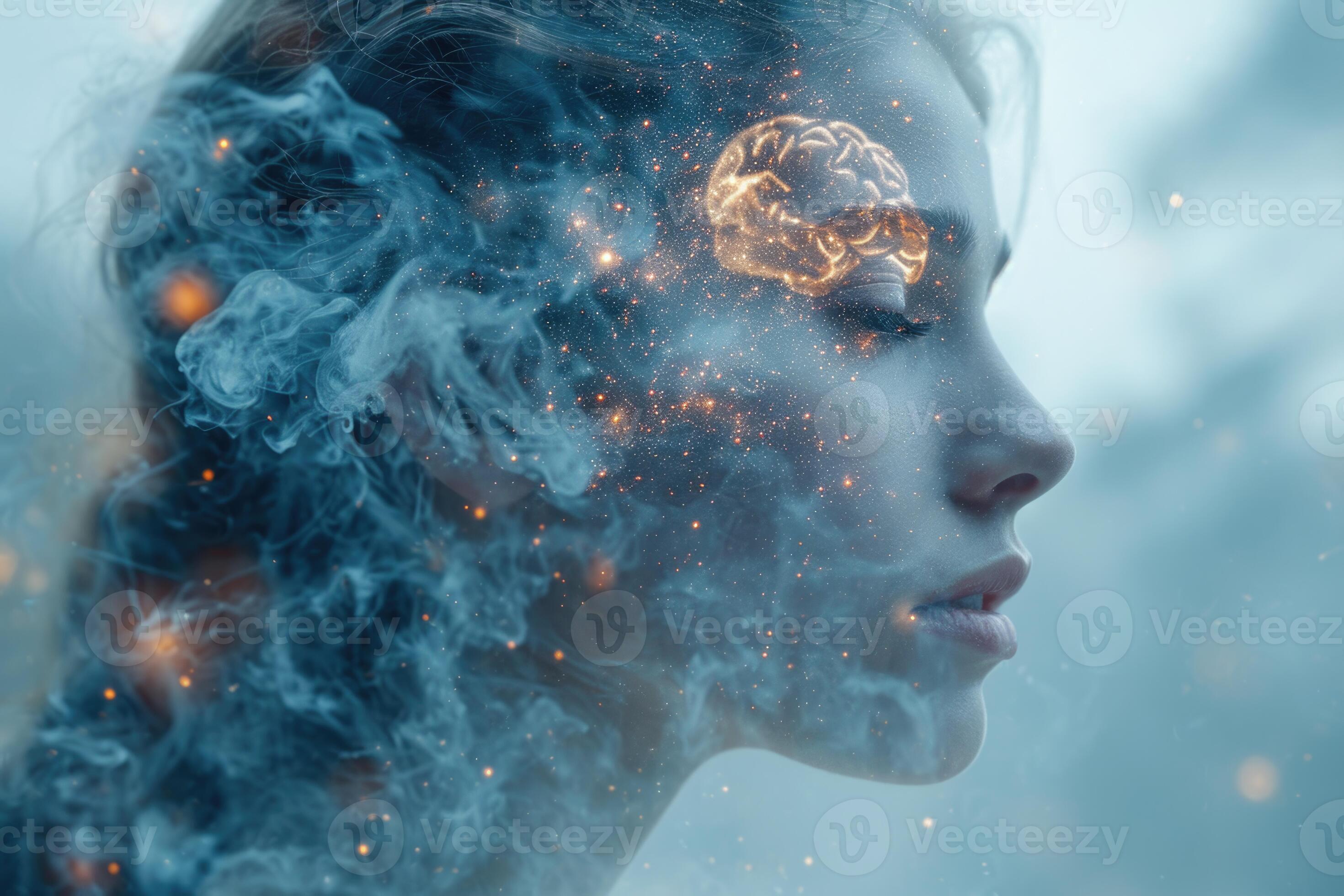 AI generated The girl 's face is covered with strands of an electronic ...