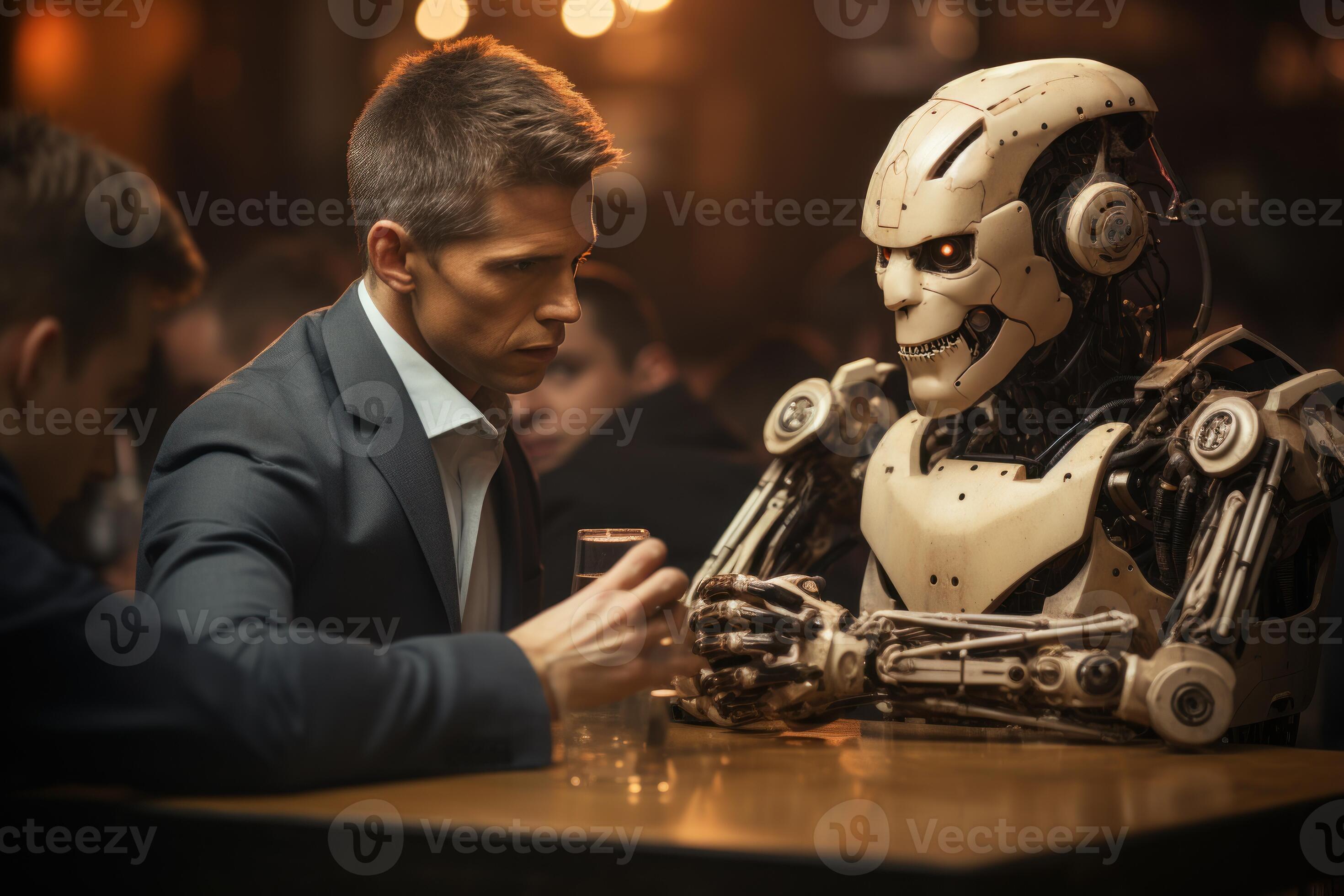 AI generated Businessman speaks to robots during a meeting discussing ...