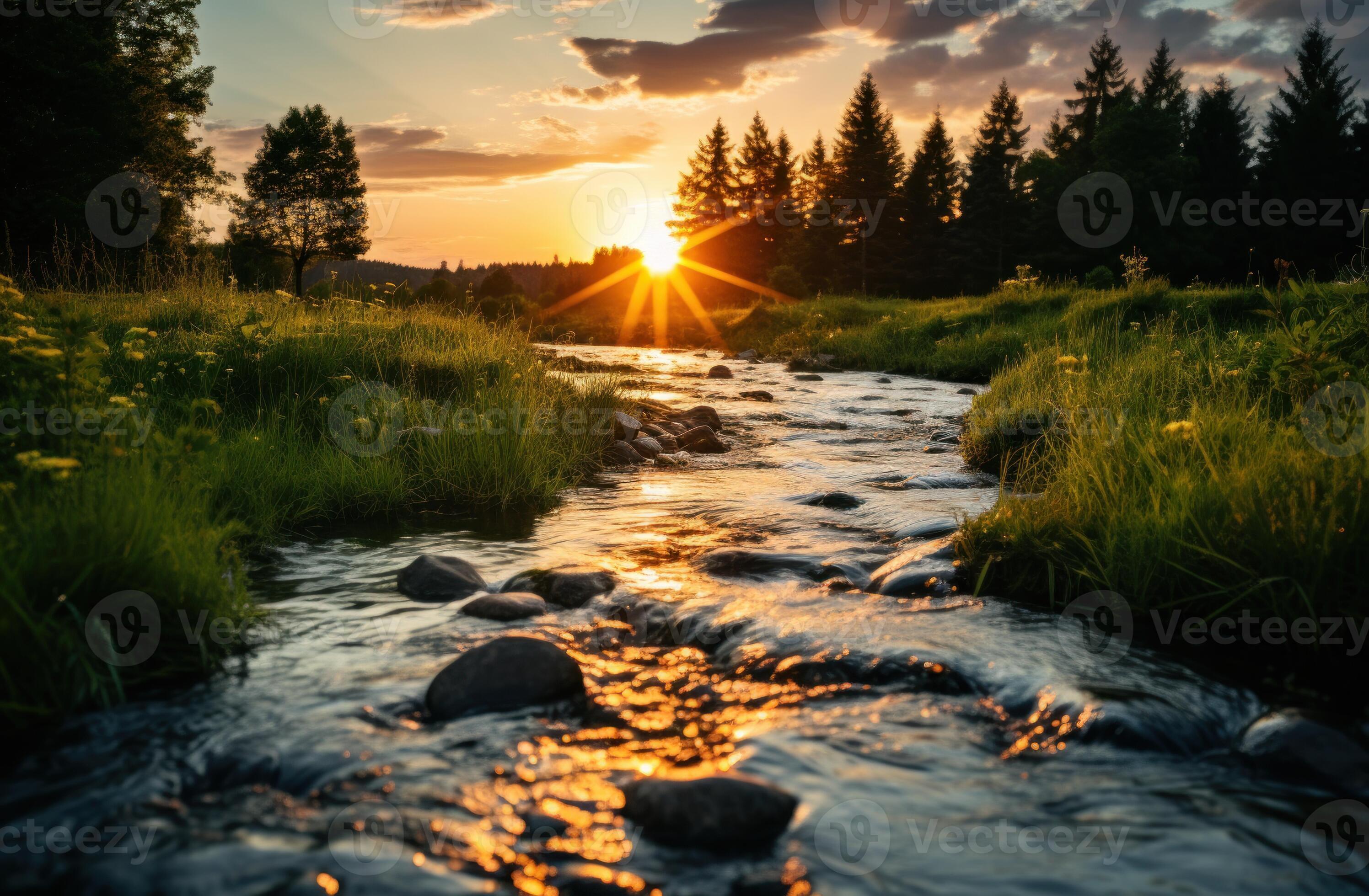 AI generated Tranquil stream flows through grass as the sun sets behind ...