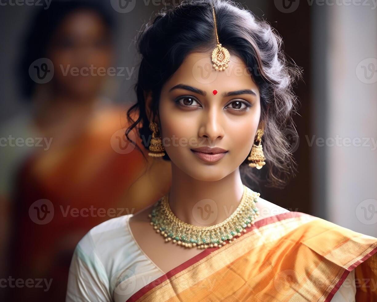 AI generated Attractive indian marathi woman in traditional sari and jewelry, gudi padwa ...