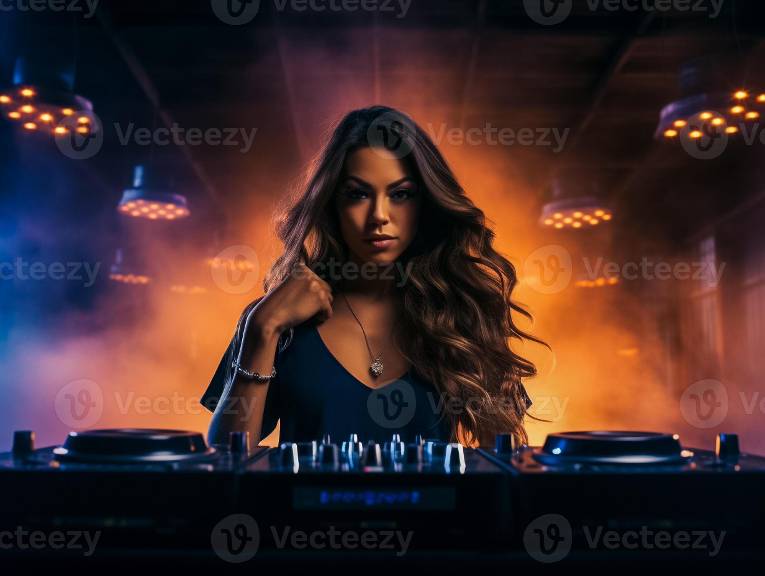 AI generated Young woman dj with sunglasses Smoke and Headphones playing music. Nightlife ...