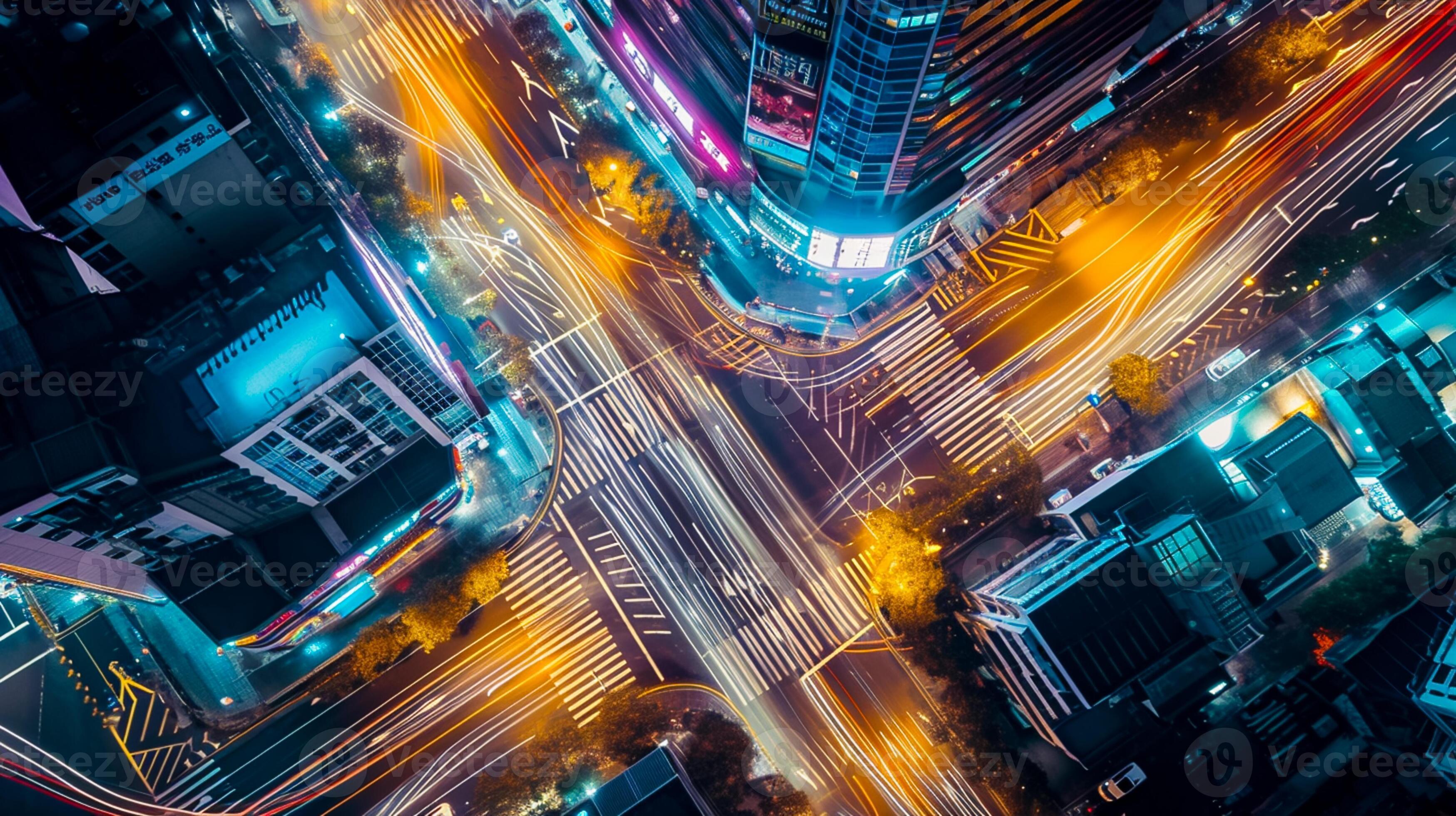 AI generated image is an aerial view of busy city intersection at night. Multiple roads converge ...