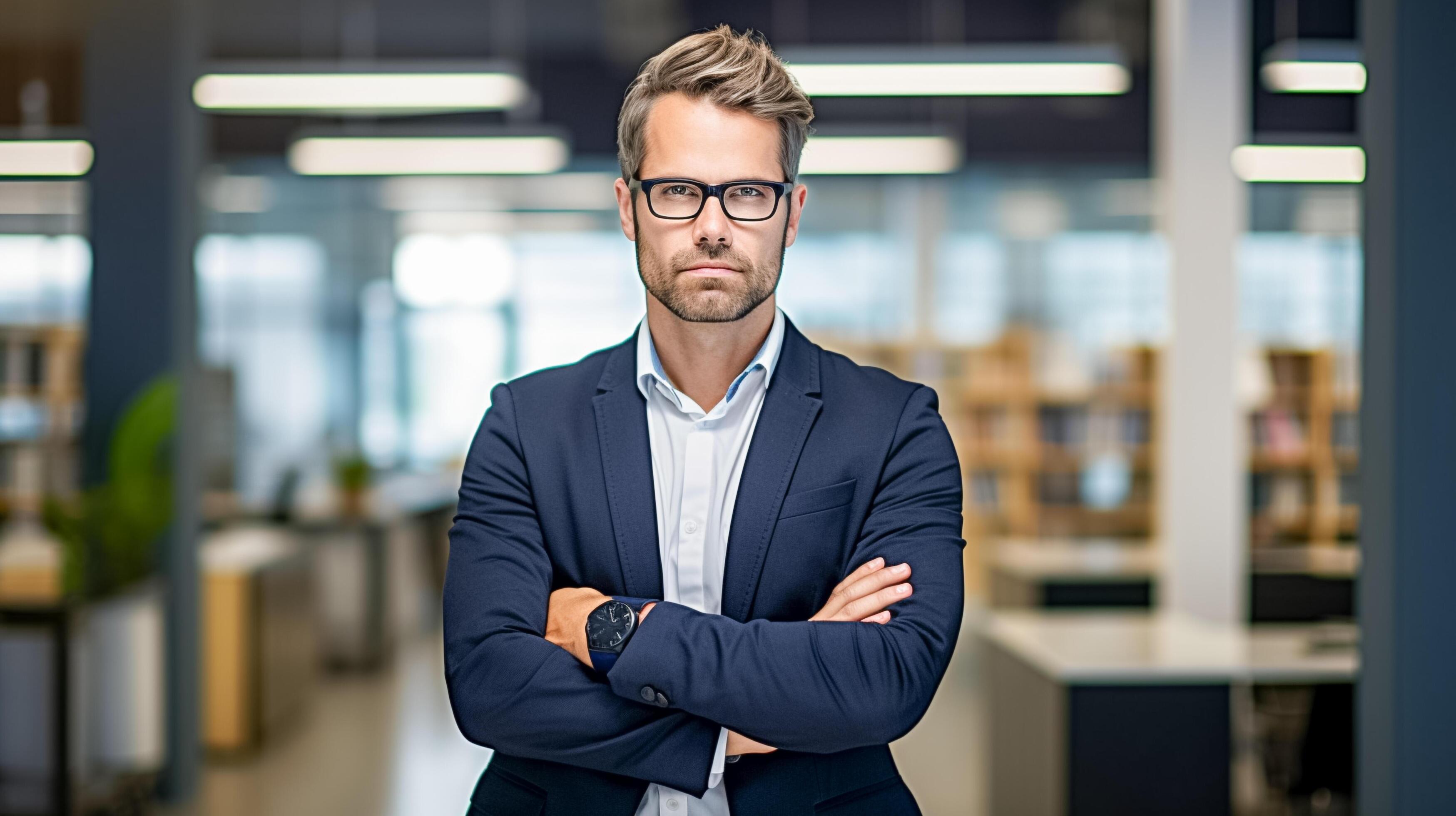 AI generated Happy businessman holds a bag manager in a business suit ...