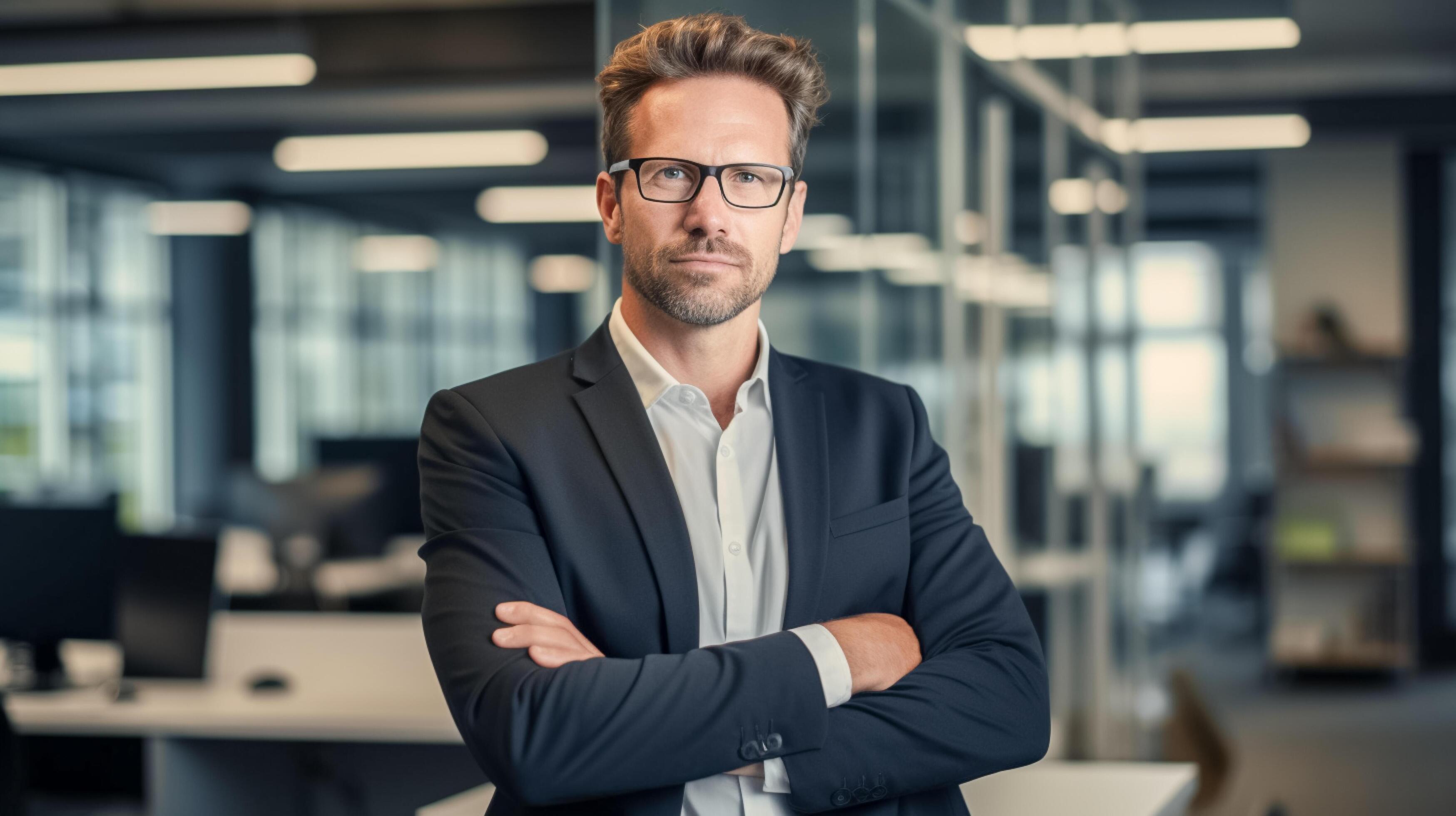 AI generated Happy businessman holds a bag manager in a business suit ...