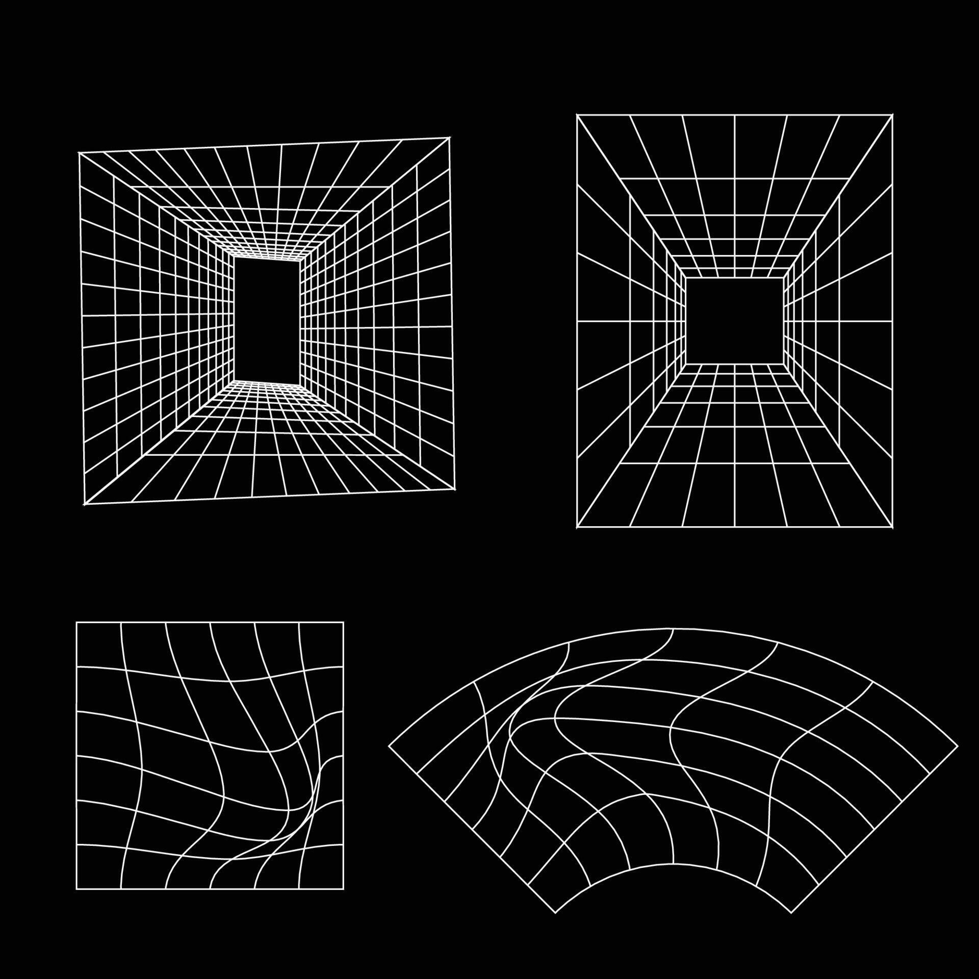 Set of retrofuturistic design elements. Collection of perspective grids, tunnels in cyberpunk ...