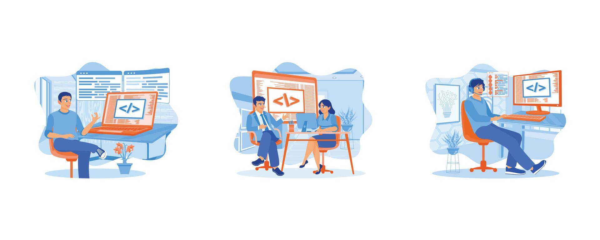 A male designer is developing programming and coding technology on ...