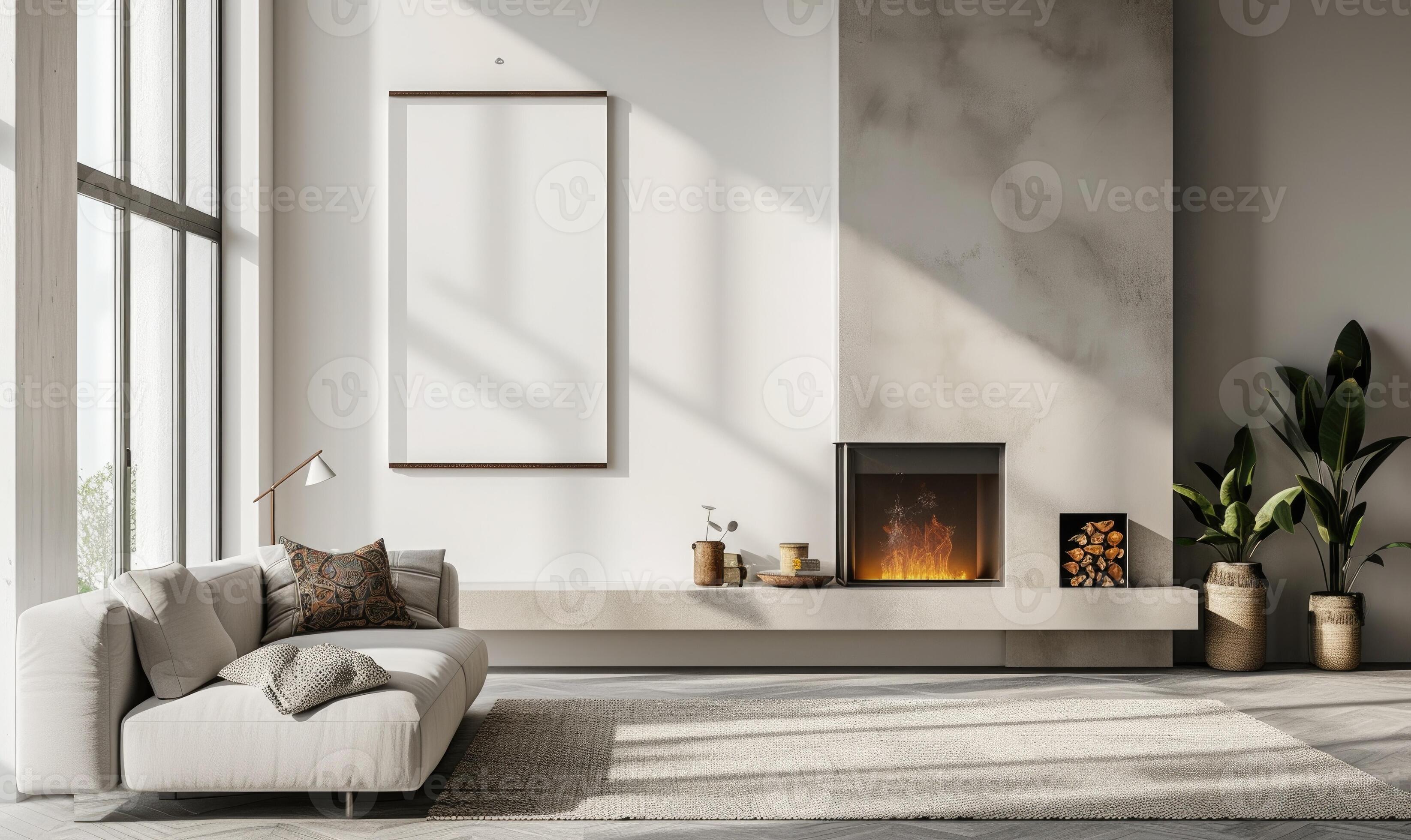 AI generated Interior of modern living room with white walls, concrete ...