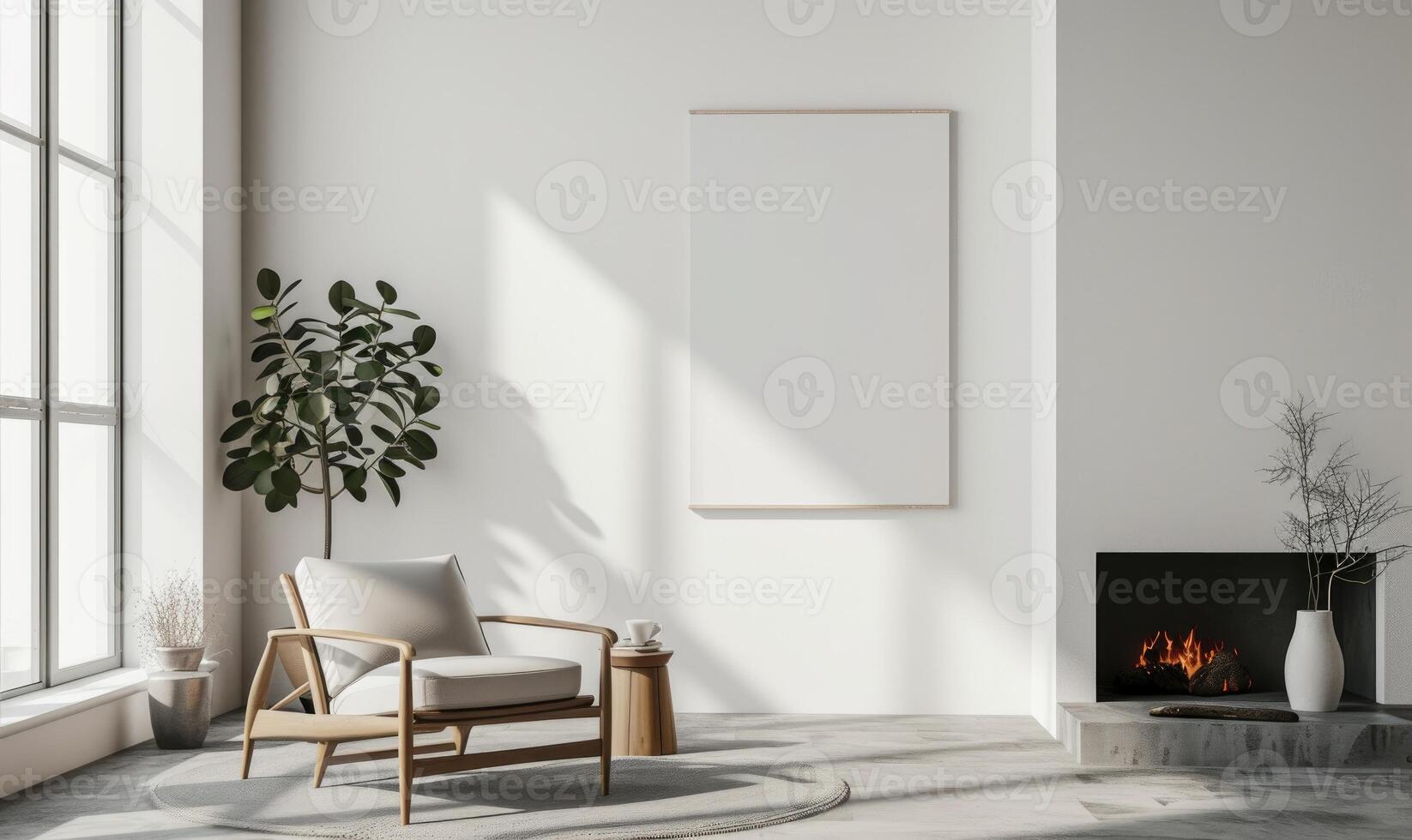 AI generated Interior of modern living room with white walls, concrete ...