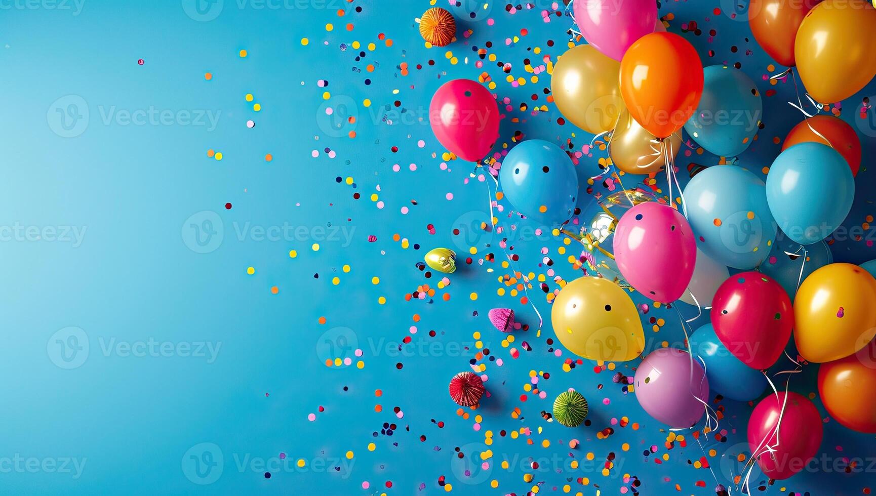 AI generated Colorful balloons and confetti on blue background. Party concept. 38002555 Stock ...