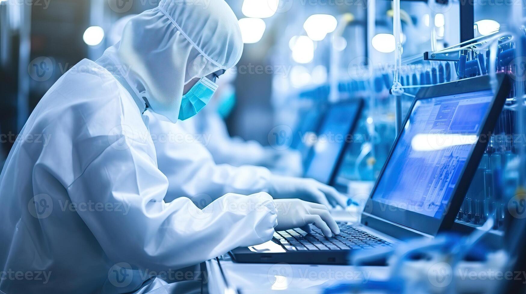 AI generated scientist working on laptop computer in laboratory ...