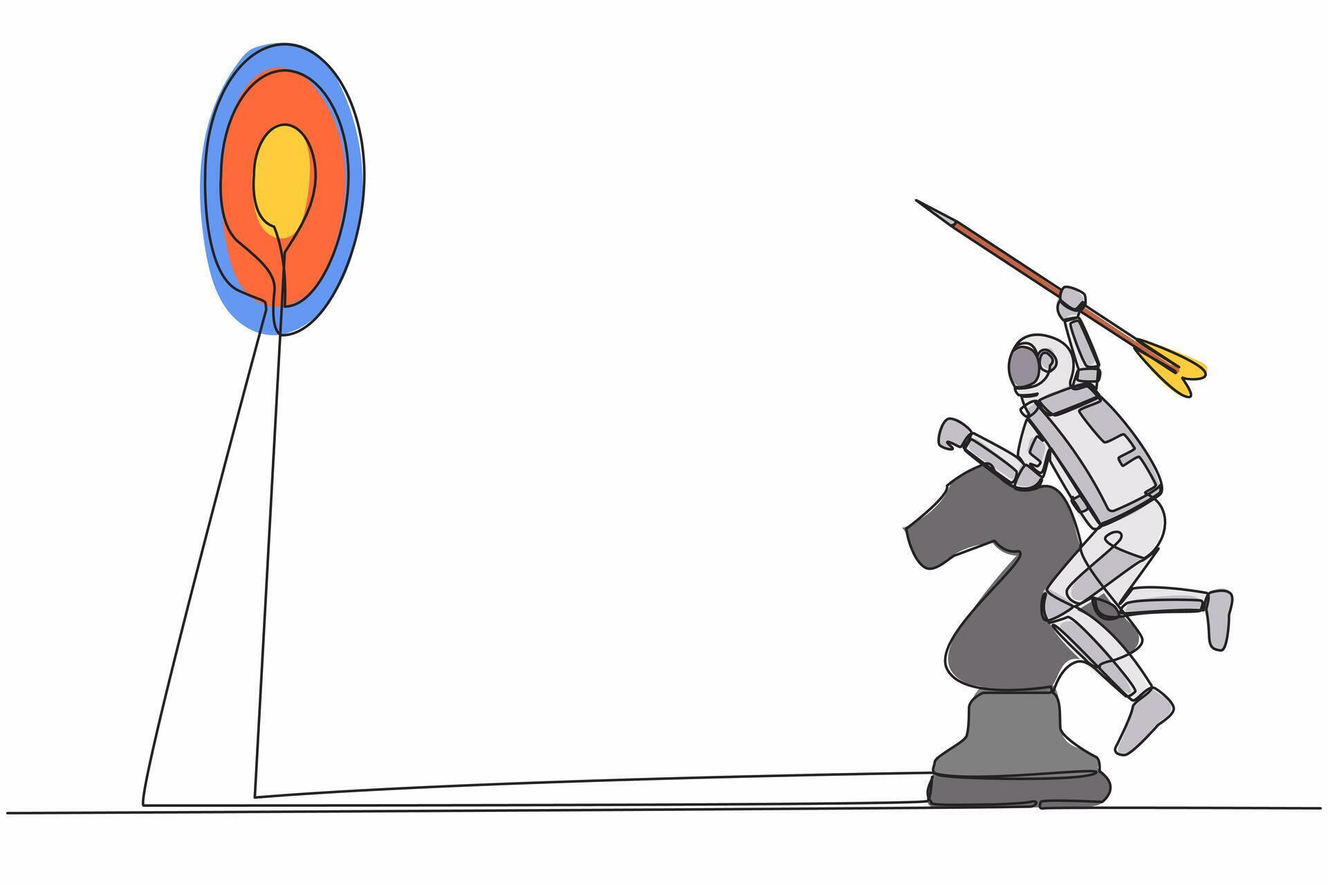 Continuous One Line Drawing Of Astronaut Holding Huge Dart And Targeting Dartboard While Riding