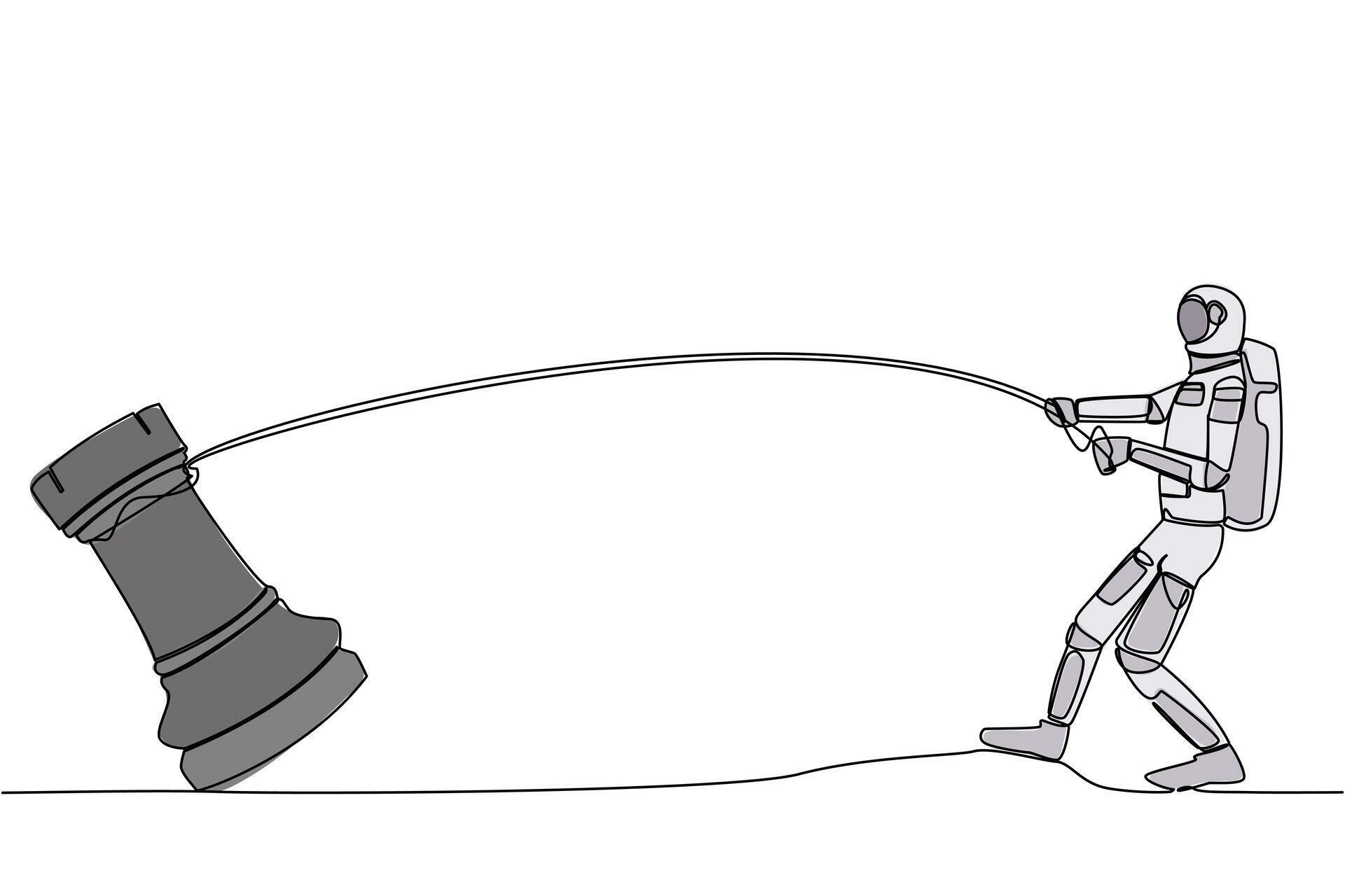 One continuous line drawing astronaut standing and pulling big rock chess with rope. Maintaining ...