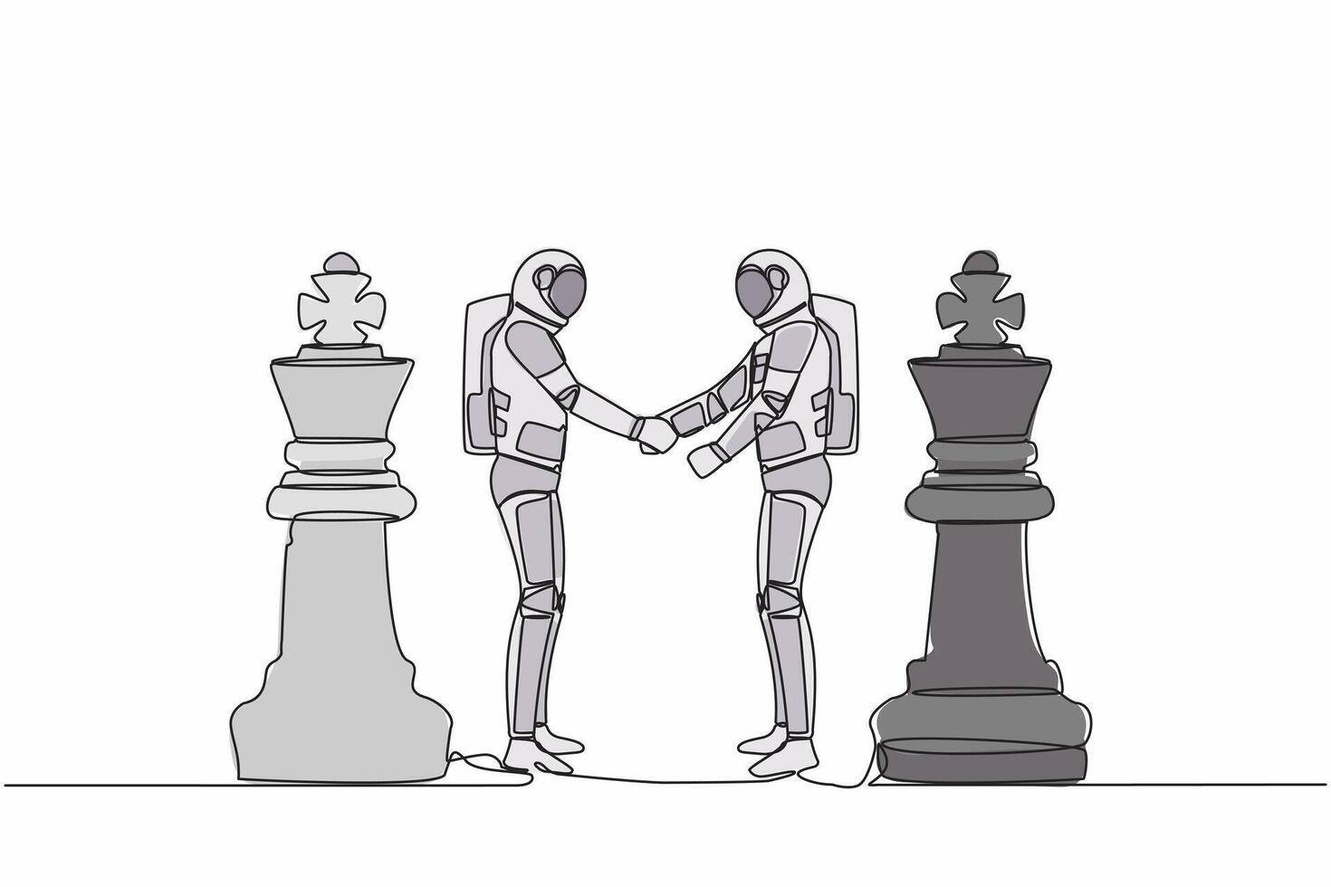 Continuous One Line Drawing Of Two Astronaut Shaking Hands Together While Standing Between Of