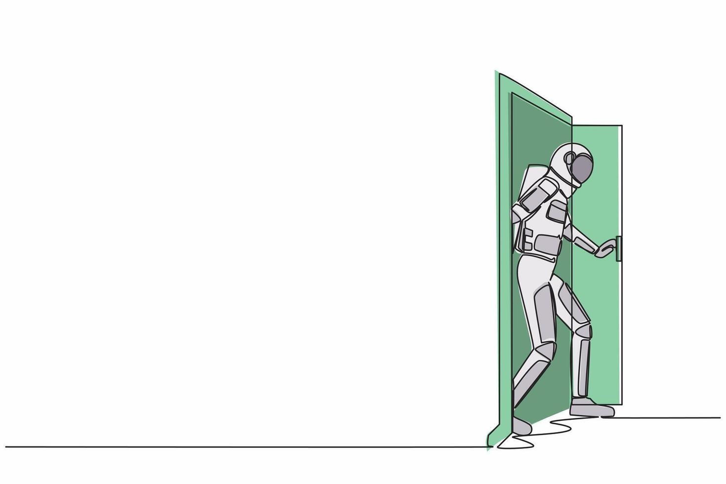 Continuous One Line Drawing Astronaut Walking Through An Open Door Frame In Moon Surface New