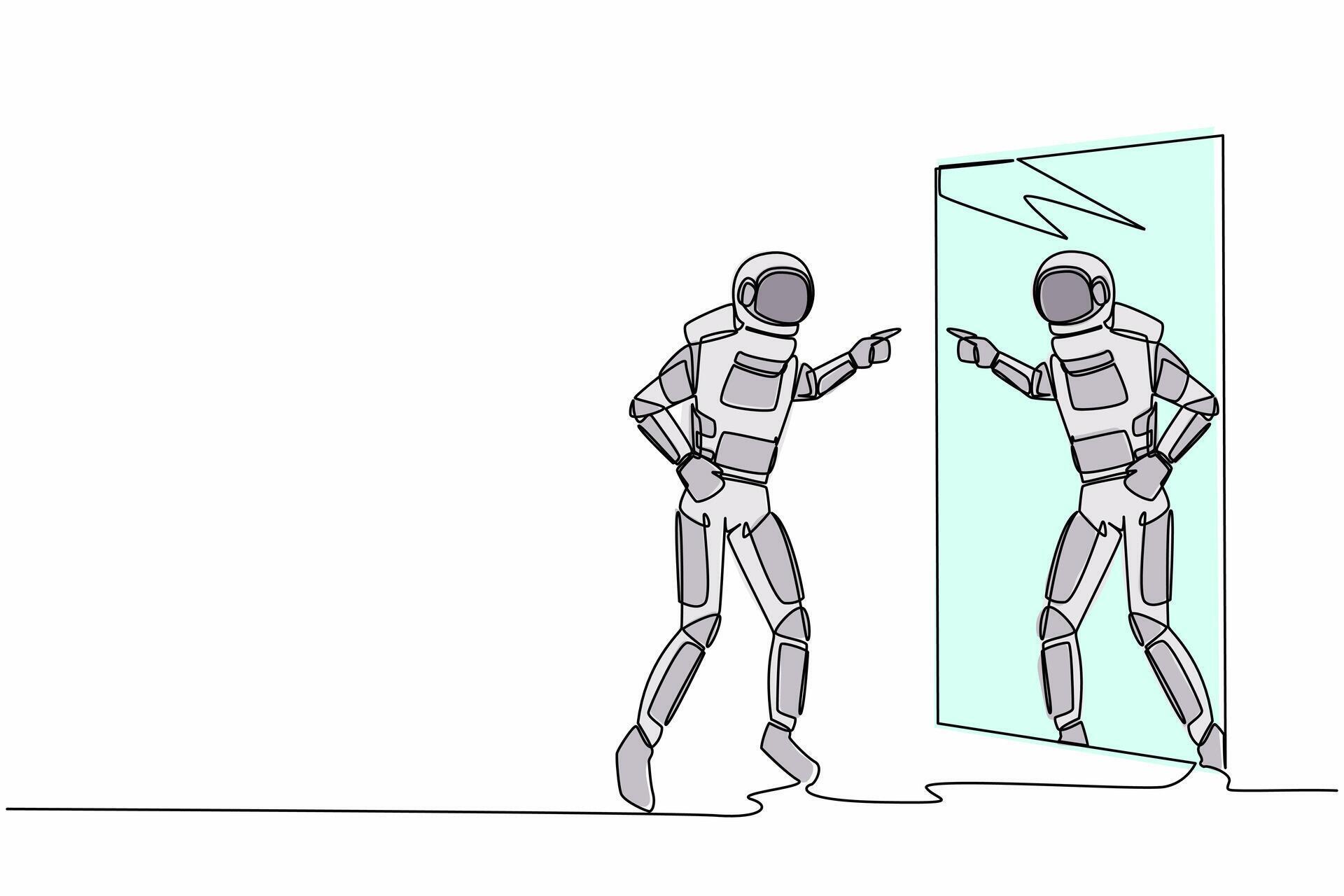 Continuous one line drawing angry astronaut fight with mirror ... Continuous one line drawing angry astronaut fight with mirror ...
