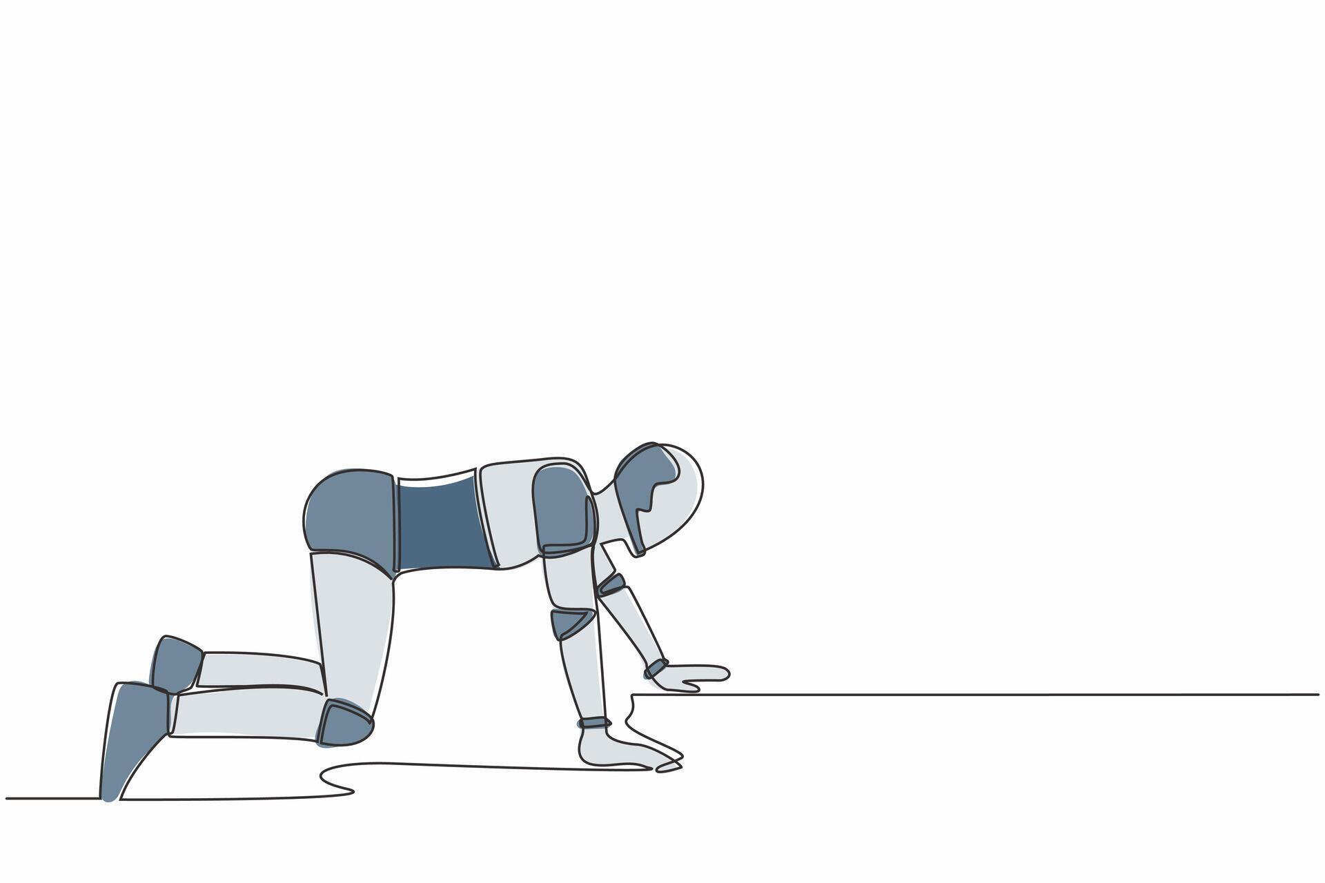 Single continuous line drawing depressed robot crawling in despair on the floor. Frustrated ...