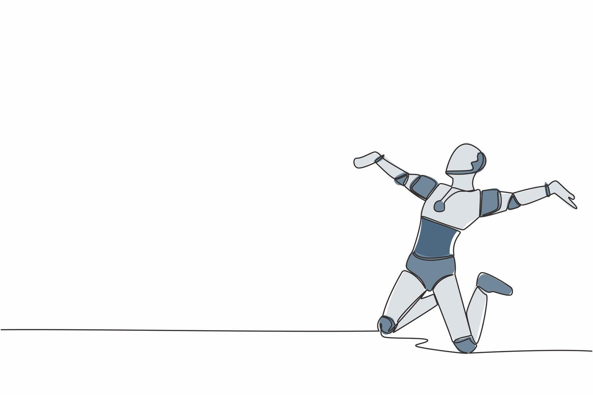 Single continuous line happy robot jumping with raised legs and spread ...