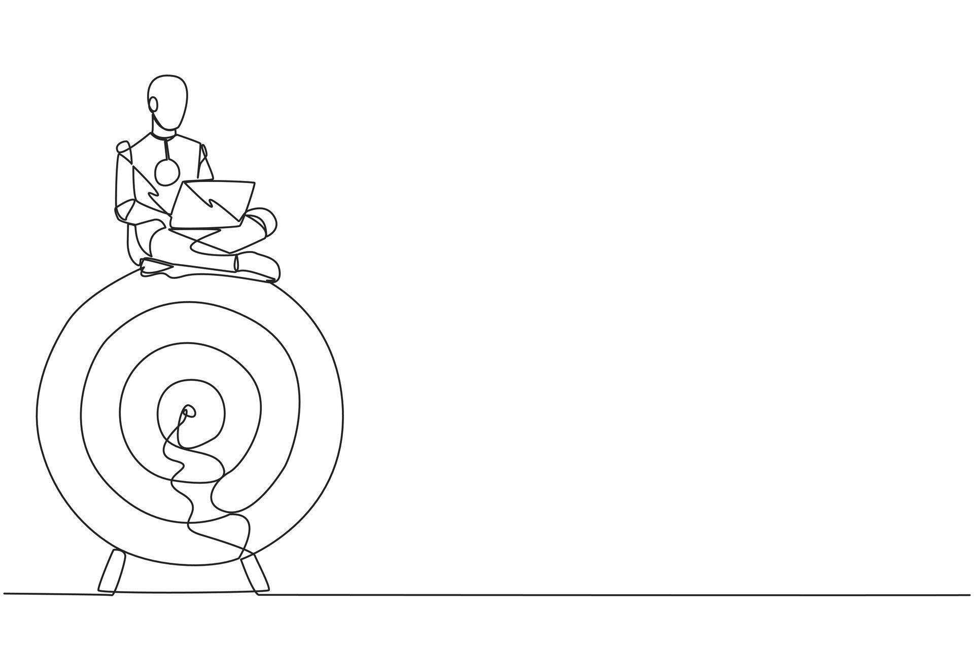 Single Continuous Line Drawing Robotic Artificial Intelligence Sitting On Giant Arrow Board