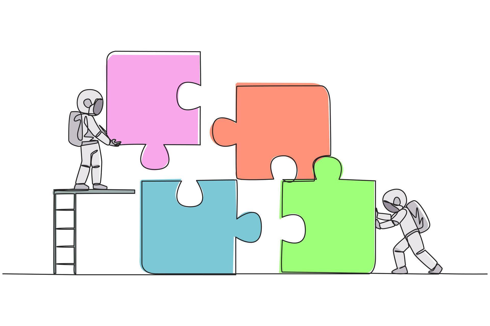 Continuous one line drawing two astronauts teamwork to put together a ...