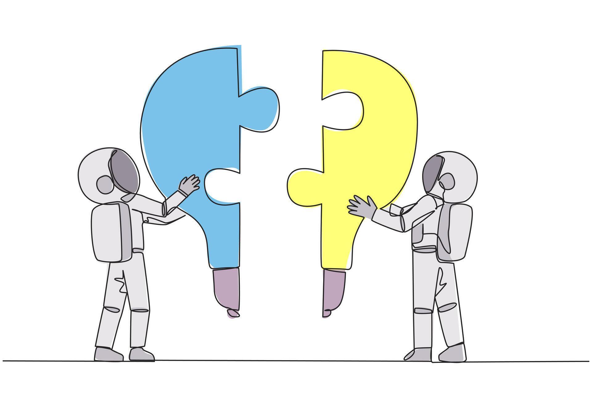 Single continuous line drawing two astronauts holding up two lightbulb-shaped puzzle pieces ...