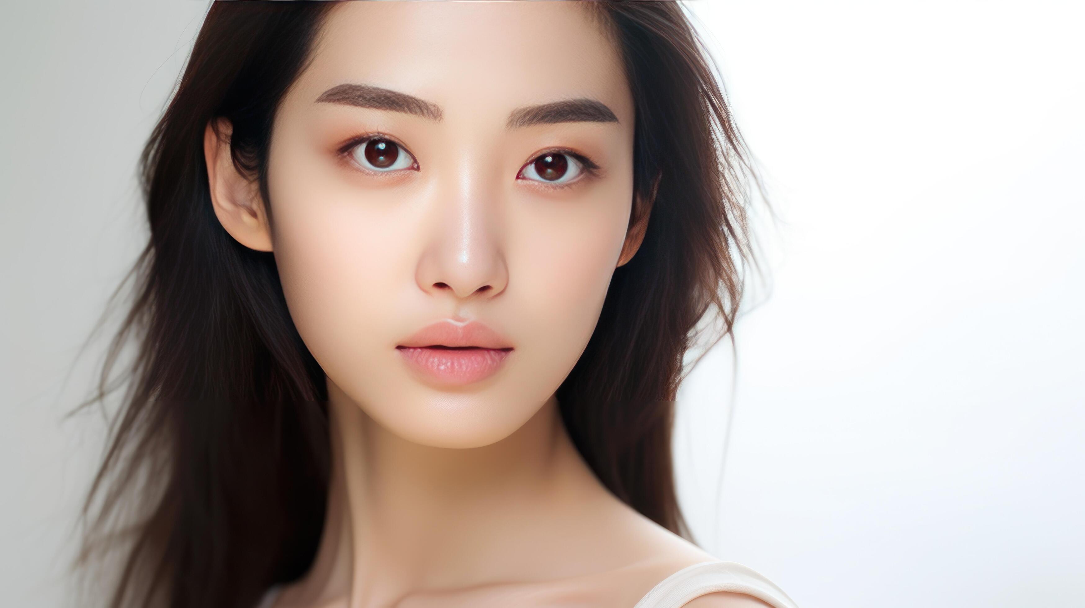 AI generated Beautiful Asian girl with clean, fresh skin on white background. Facial care ...
