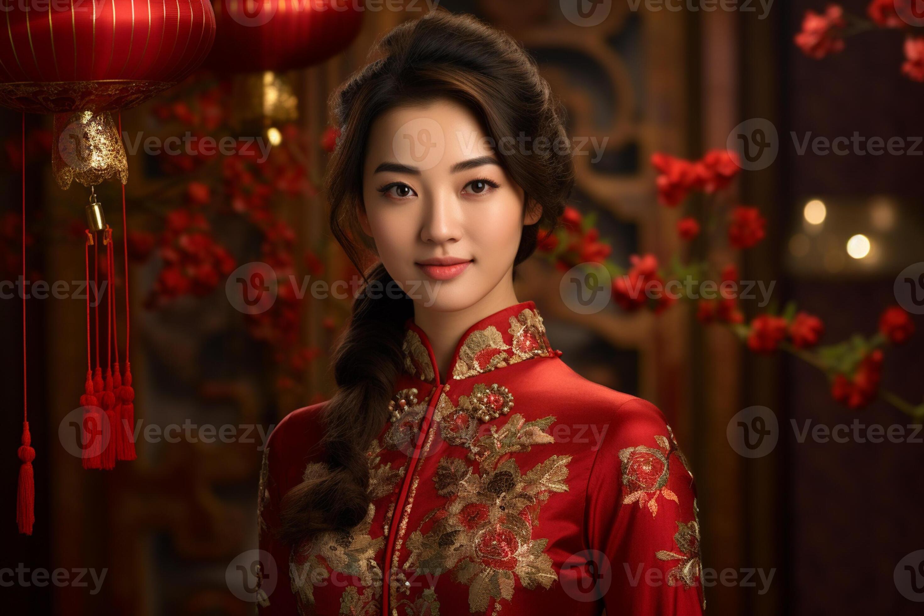 AI generated beautiful chinese woman wearing red traditional clothes bokeh style background with ...