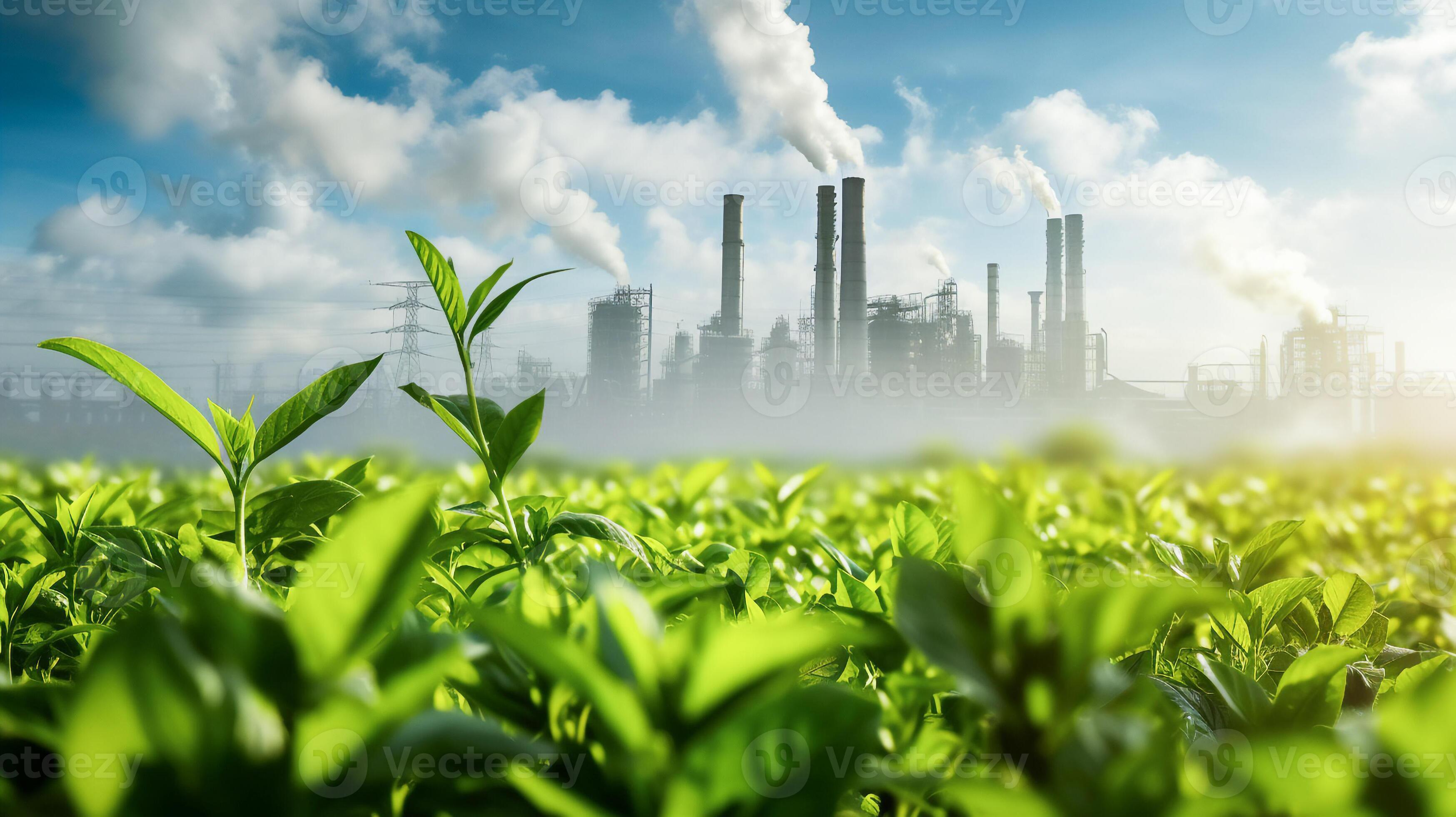 AI generated futuristic factory with good enviroment,Eco-friendly factory green factory concept ...