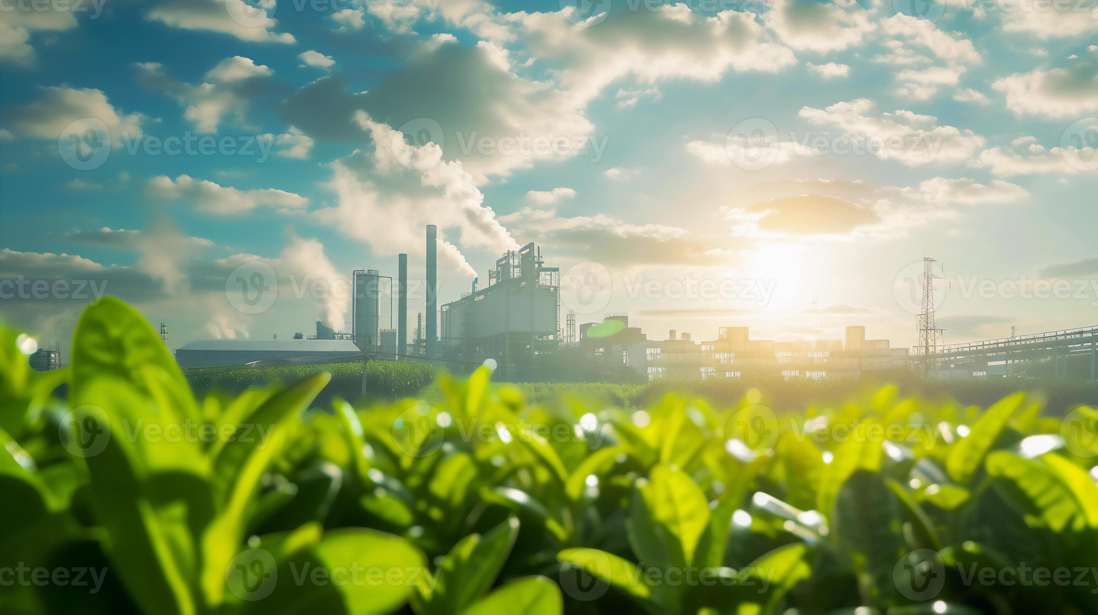 AI generated futuristic factory with good enviroment,Eco-friendly factory green factory concept ...