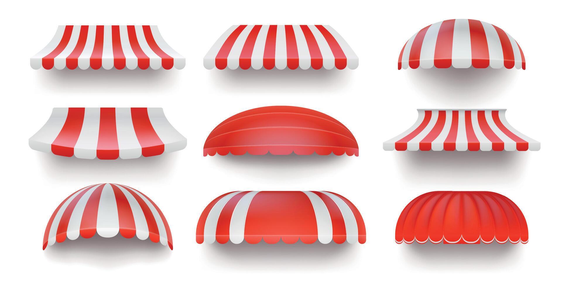 Realistic striped store sunshade awning, shop canopy. Red and white market umbrella. Front tent ...
