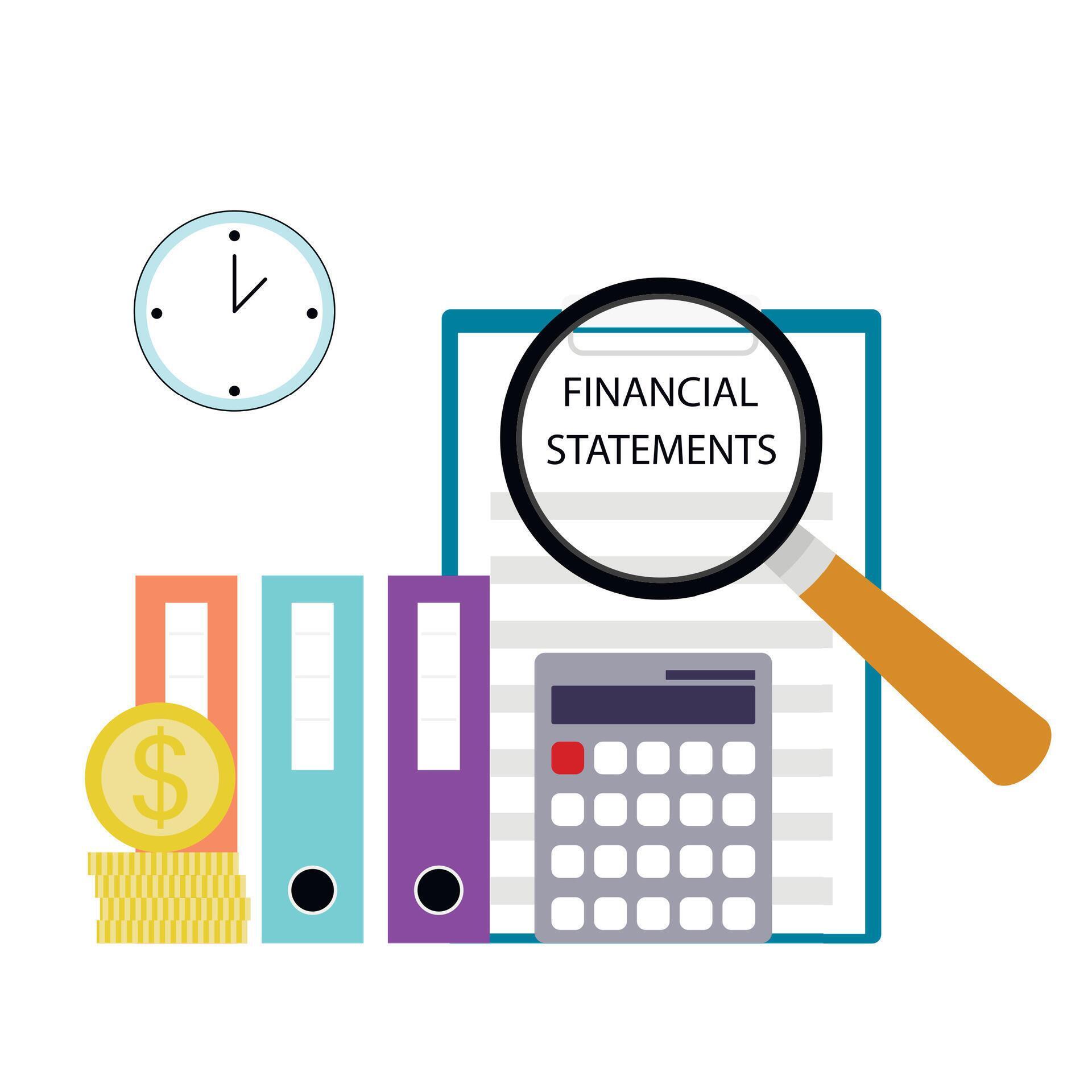 Financial statement annual, calculation and report analysis. Vector statement of account and ...